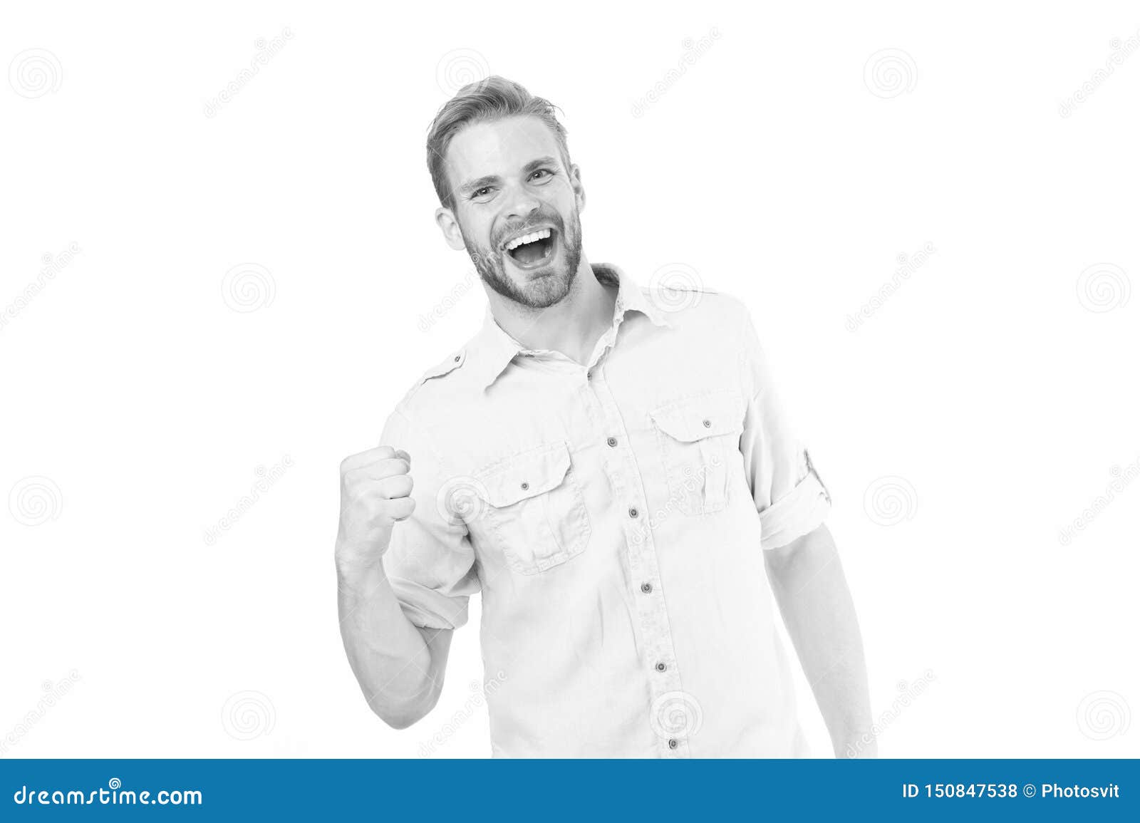 Guy Happy Find Solution. Achieve Success. Man With Beard Happy About ...