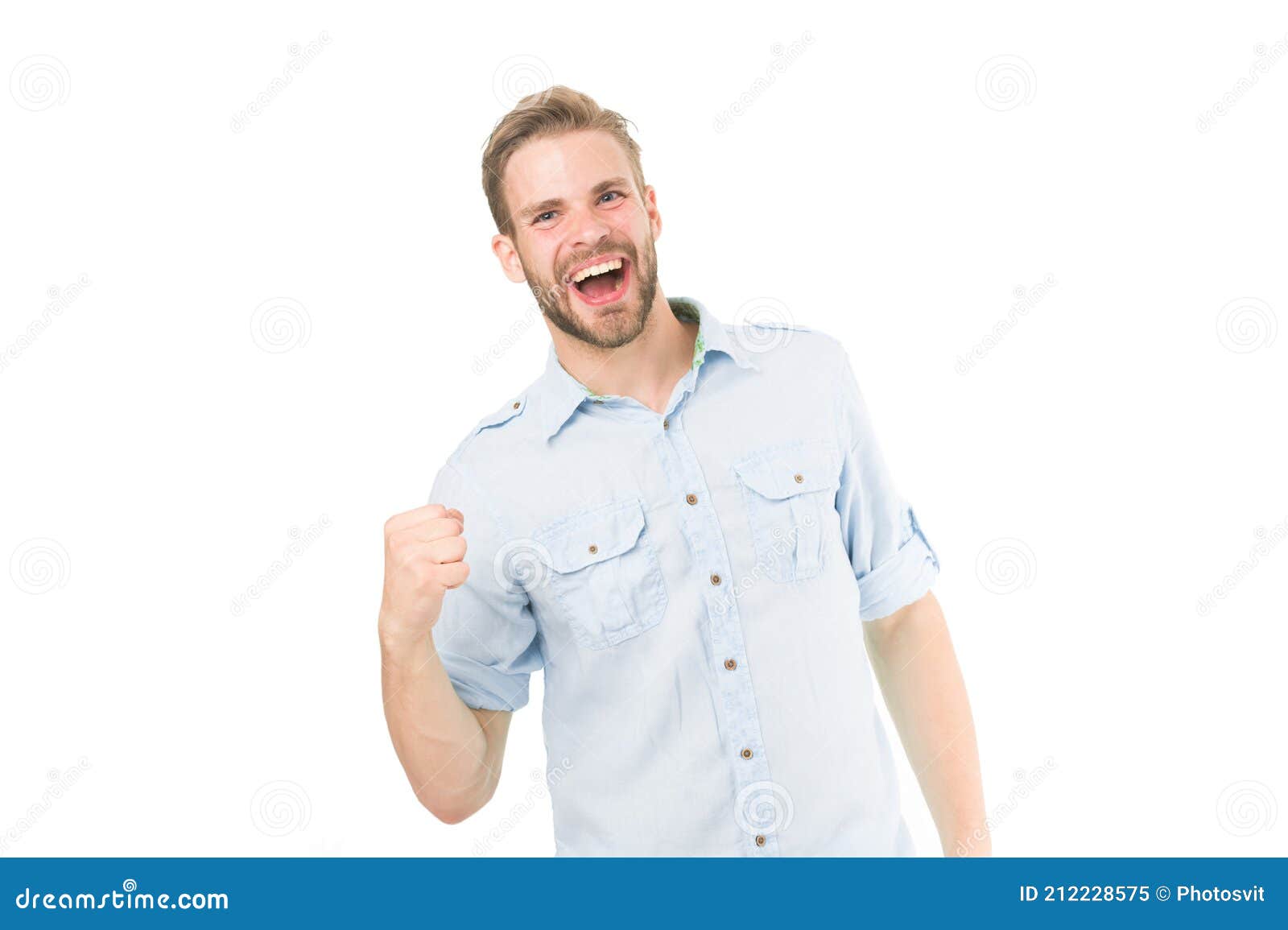 Guy Happy Find Solution. Achieve Success. Man with Beard Happy about ...