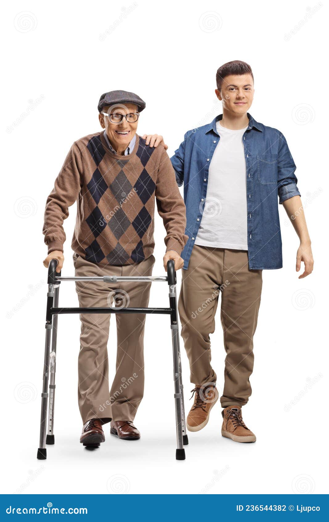 Guy Helping an Elderly Man with a Walker Stock Photo - Image of ...