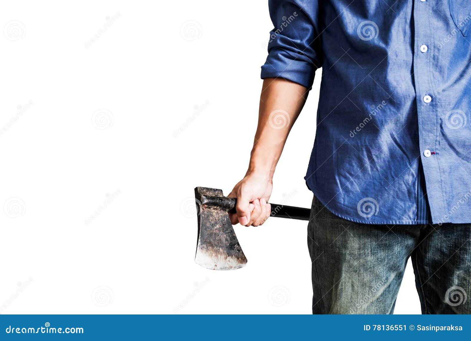 A Guy Holding Old Rusty Axe, Close Up Front View, Isolated on White ...