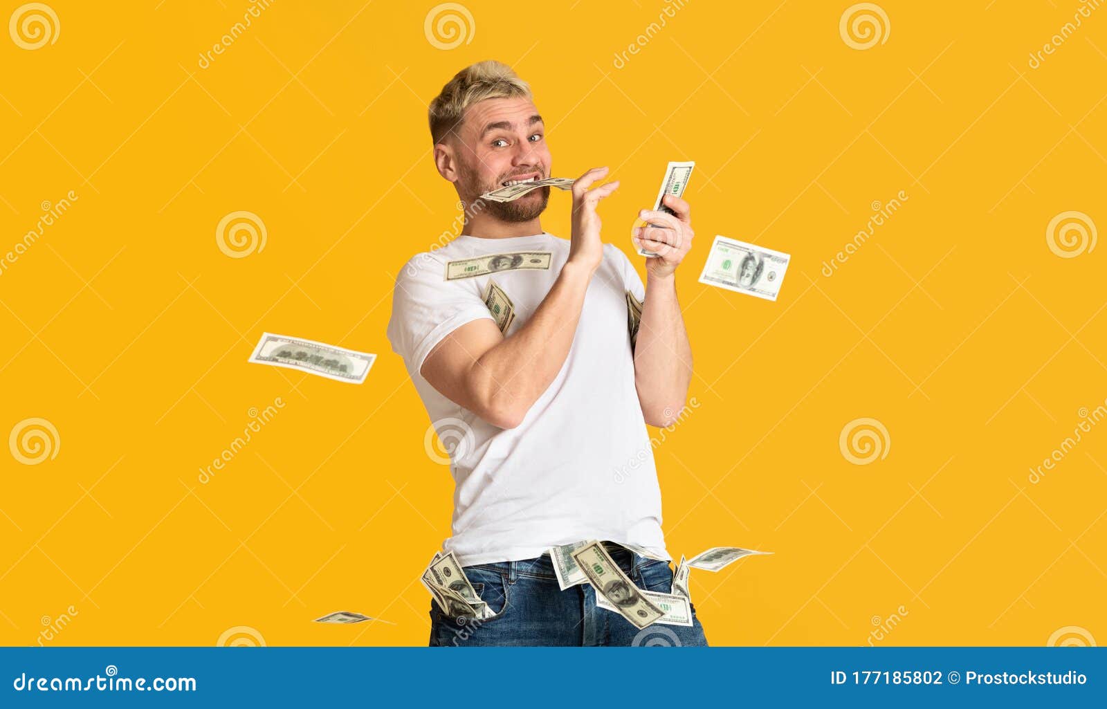 Guy Holds Banknote in His Teeth and Scatter Money Stock Photo - Image ...