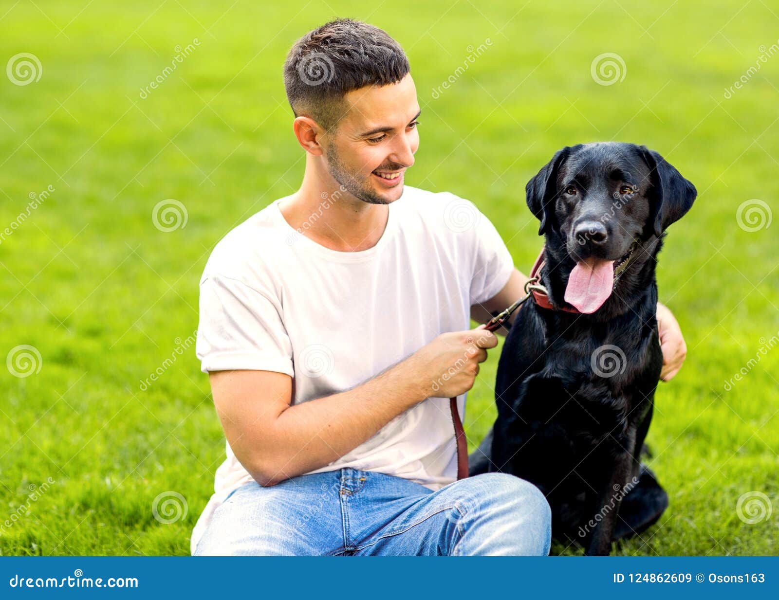 Guy Hugging with His Dog Labrador Playing in the Park Stock Image ...