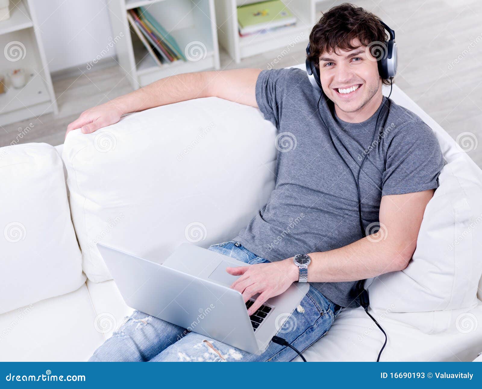 Guy with Laptop Using Headset Stock Image - Image of happy, lifestyle ...