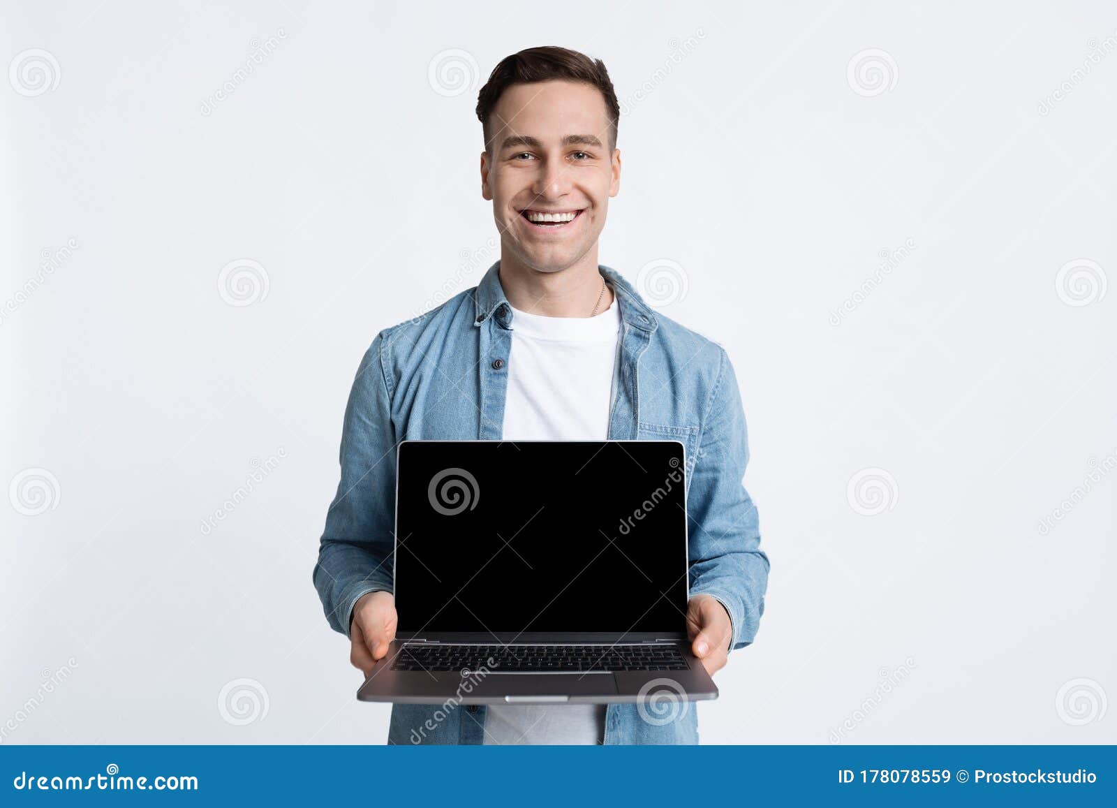 Guy Laughs and Shows Laptop with Empty Screen Stock Image - Image of ...