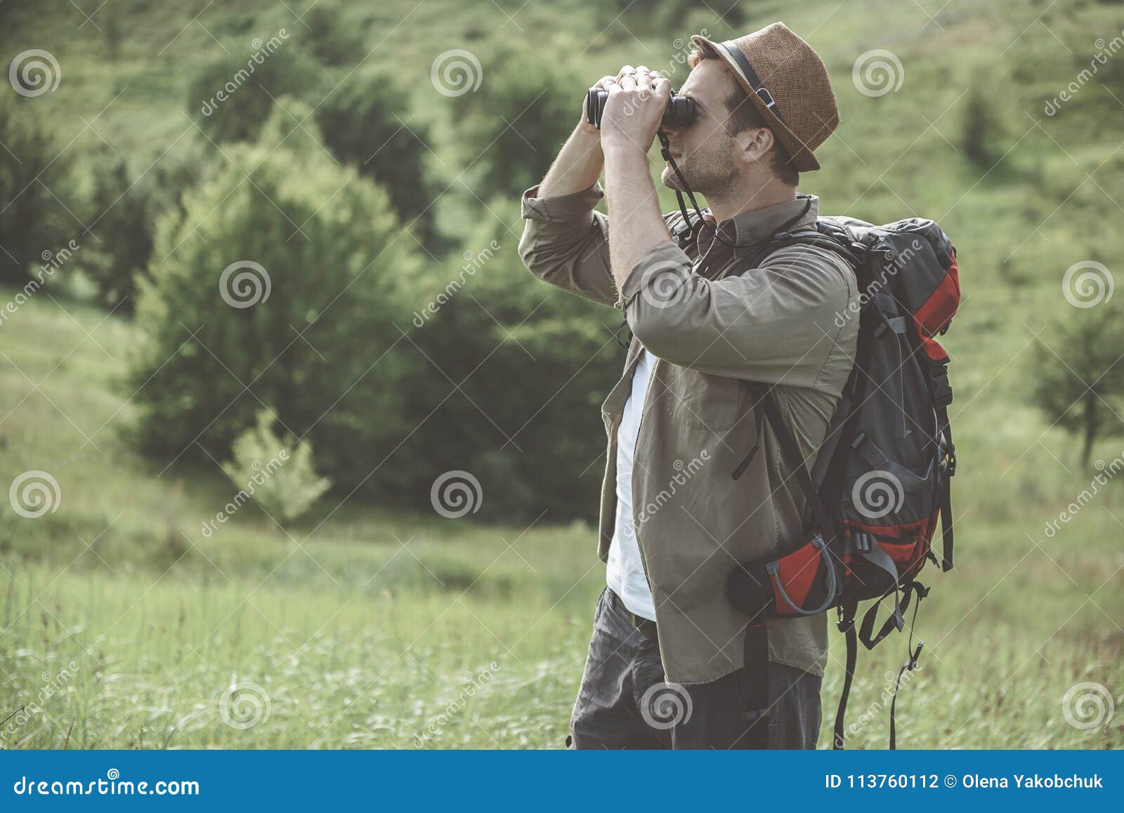 Guy is Looking through Binocular Outdoors Stock Photo - Image of ...