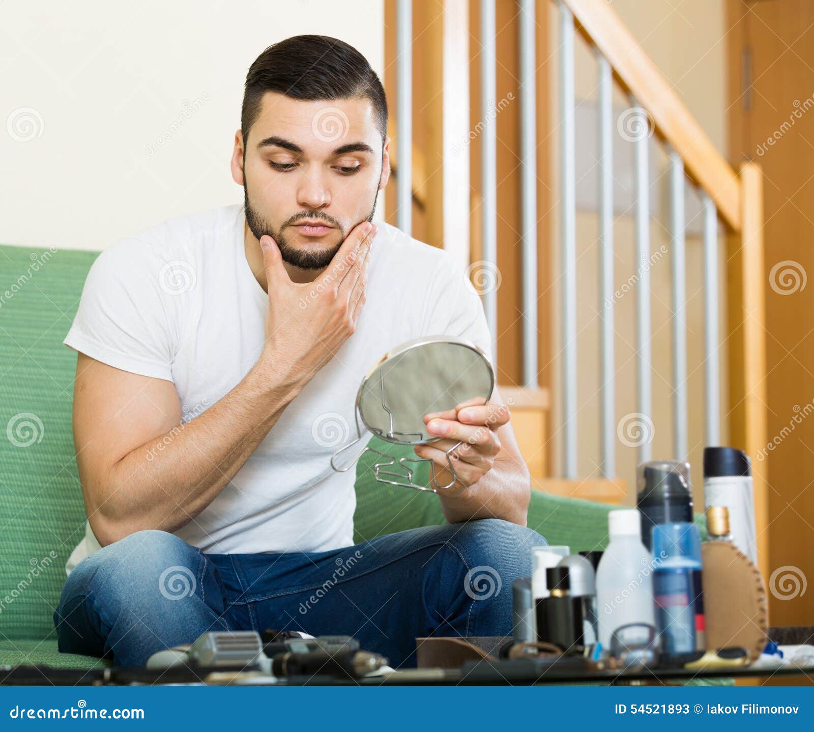 Guy Looking at His Problematic Skin in a Mirror Stock Image - Image of ...