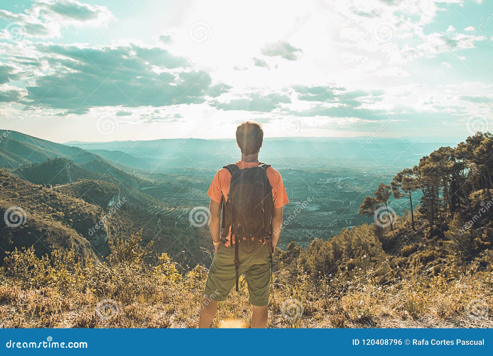 Guy Looking at a Landscape from a Mountain Stock Photo - Image of ...