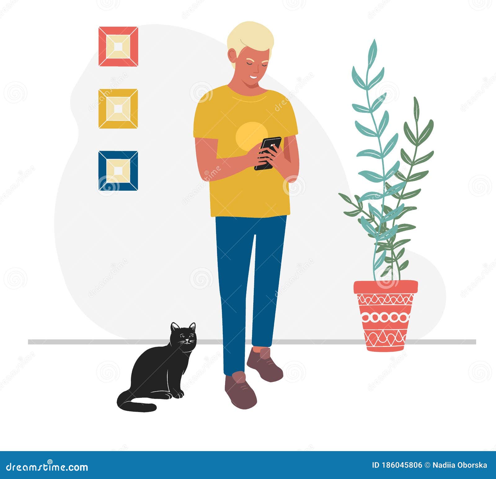 The Guy with the Phone Isolated on a White Background in a Flat Style ...