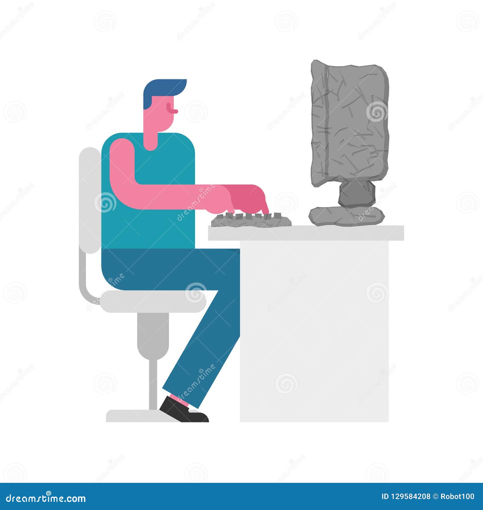 Guy Works Stone Computer. Boy and Old PC Stock Vector - Illustration of ...