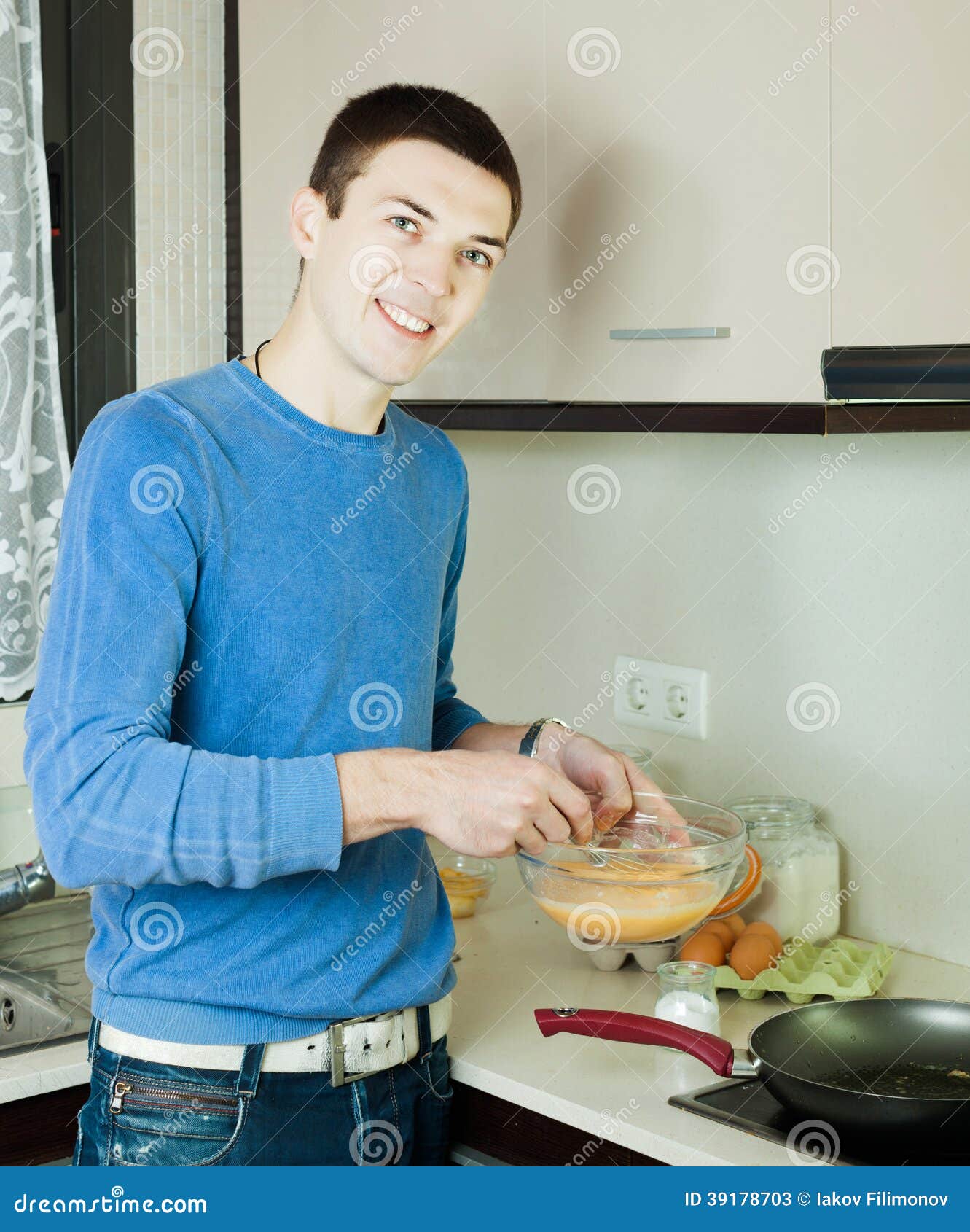 Guy Pouring Dough in Frying Pan Stock Image - Image of culinary, people ...