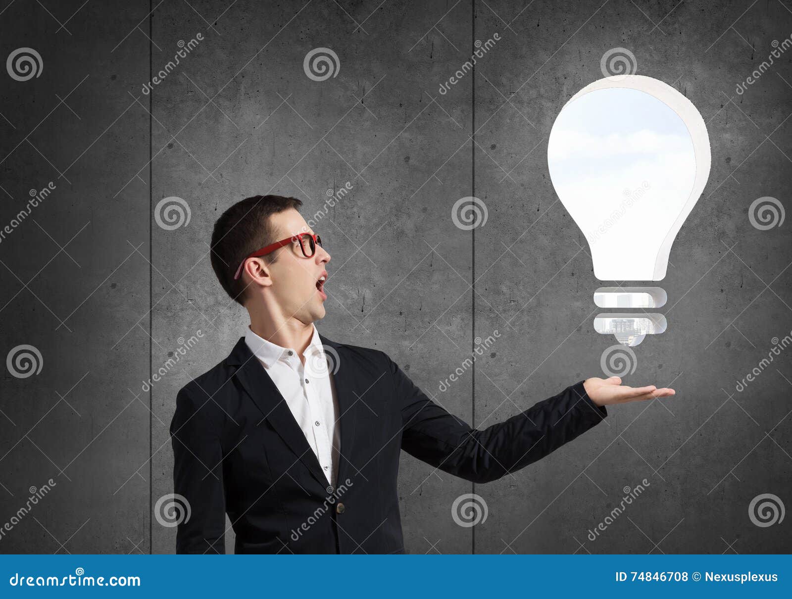 Guy Presenting Bright Idea . Mixed Media Stock Photo - Image of young ...