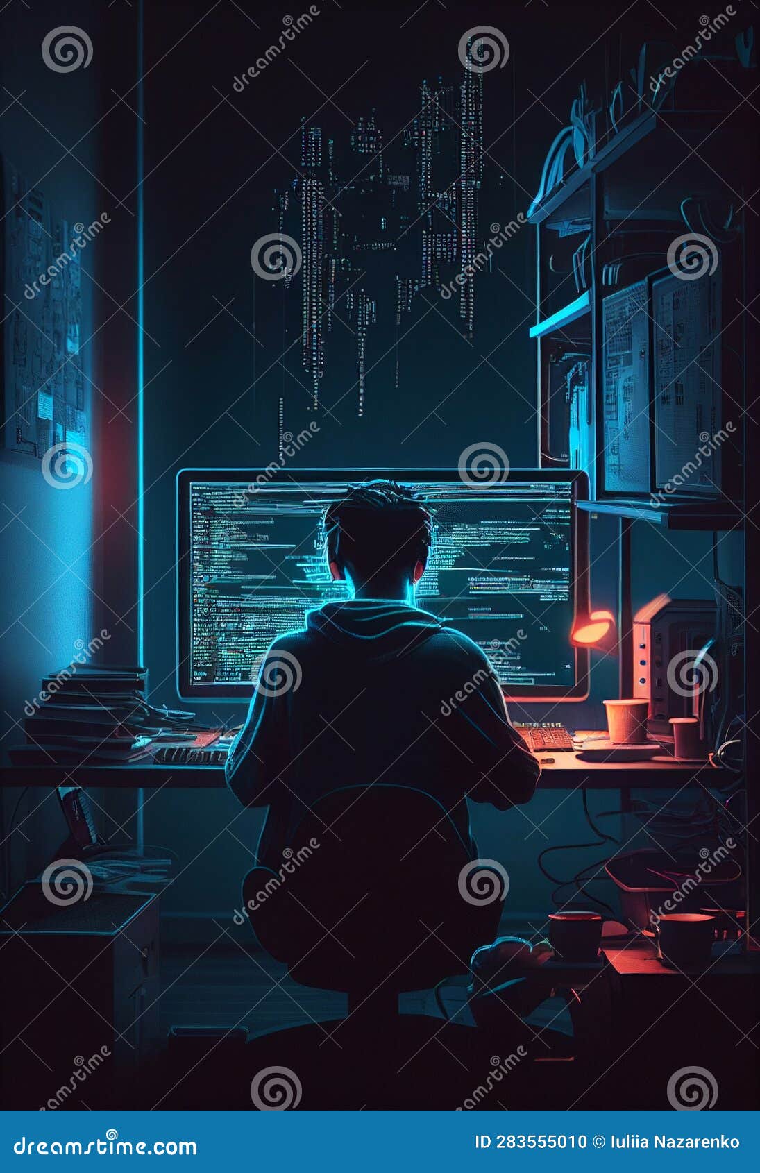 Guy Programmer Sits at a Computer in Dimmed Light. AI Generated Stock ...
