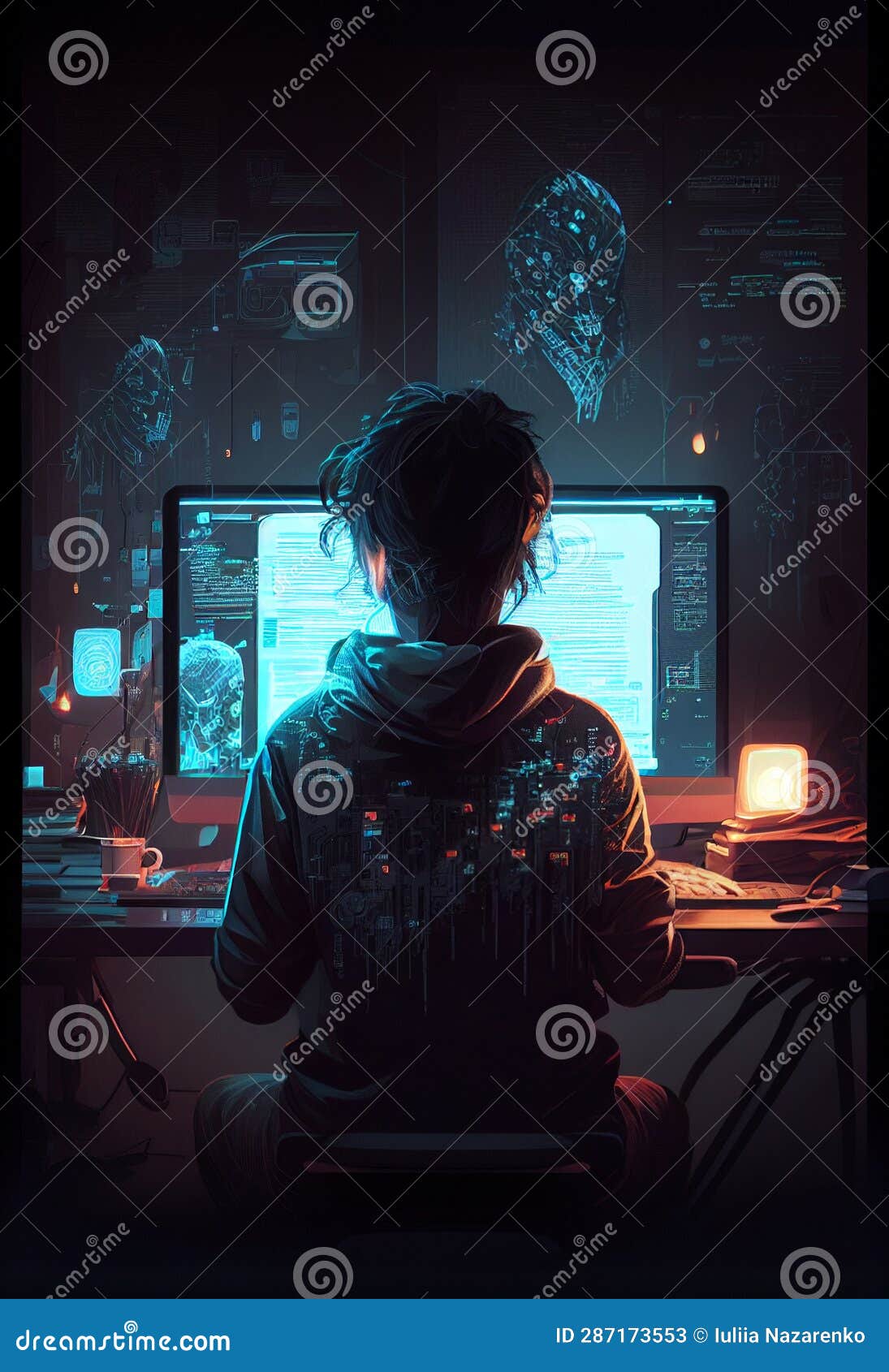 Guy Programmer Sits at a Computer in Dimmed Light. AI Generated Stock ...