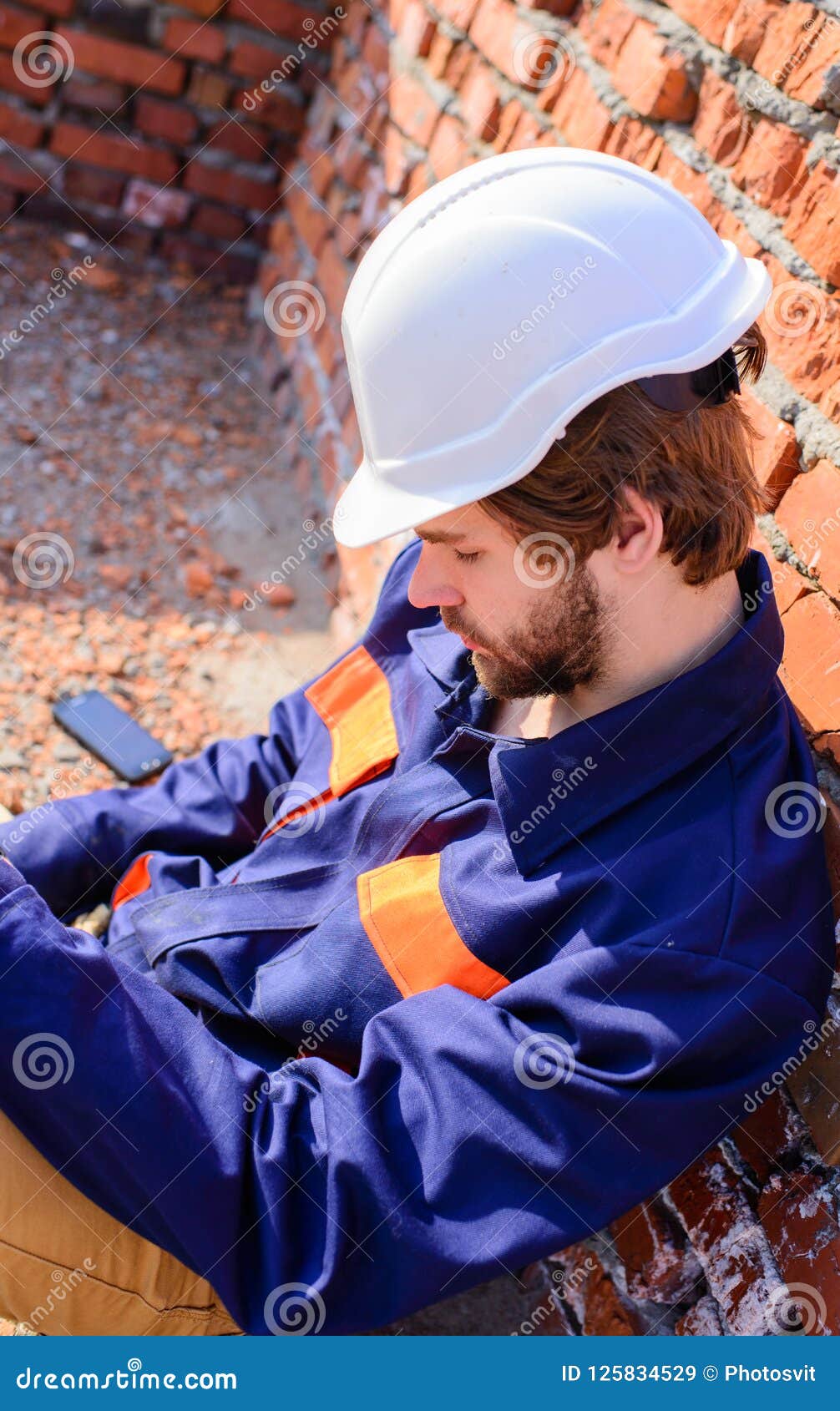 Guy Protective Helmet Bearded Handsome Builder. Take Minute To Relax ...