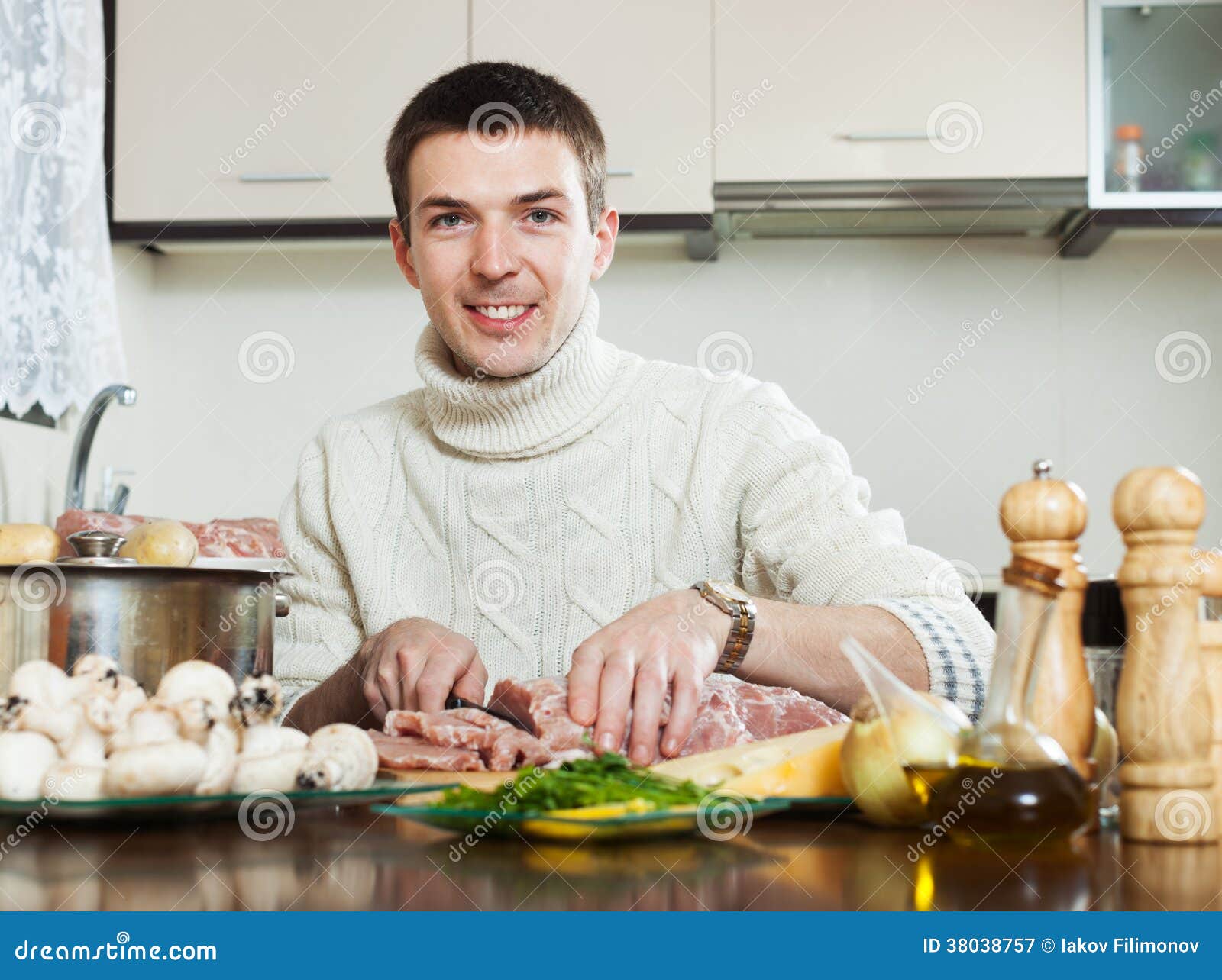 Guy with raw meat stock image. Image of kitchen, products - 38038757