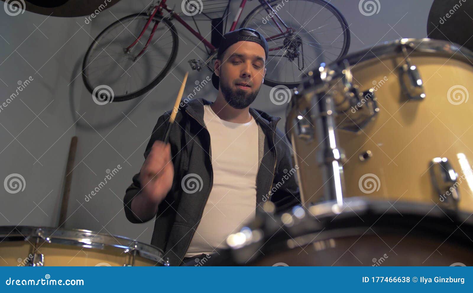 Guy Rehearsing Playing a Drum Kit Stock Photo - Image of audio, person ...