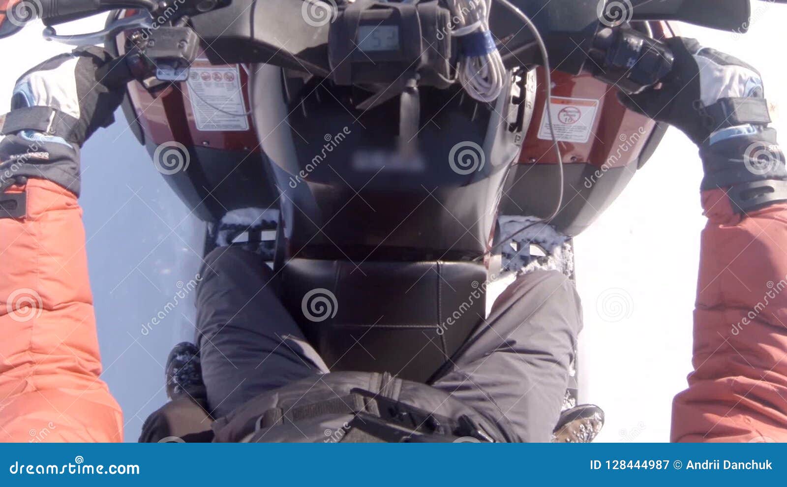 The Guy Rides a Snowmobile. Top View from the Head on the Dashboard ...
