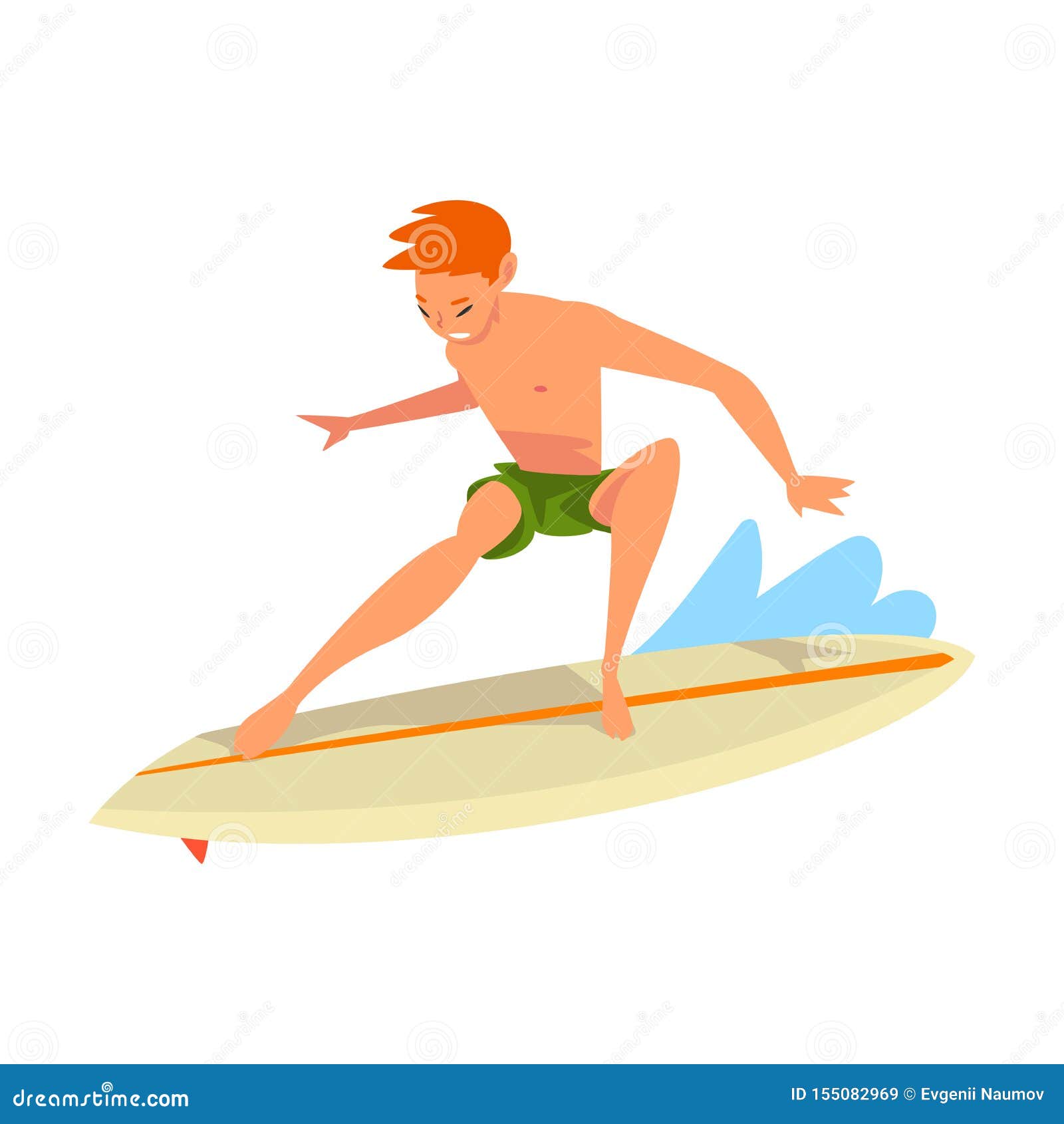 Guy Riding On Ocean Wave Male Surfer Character In Shorts With