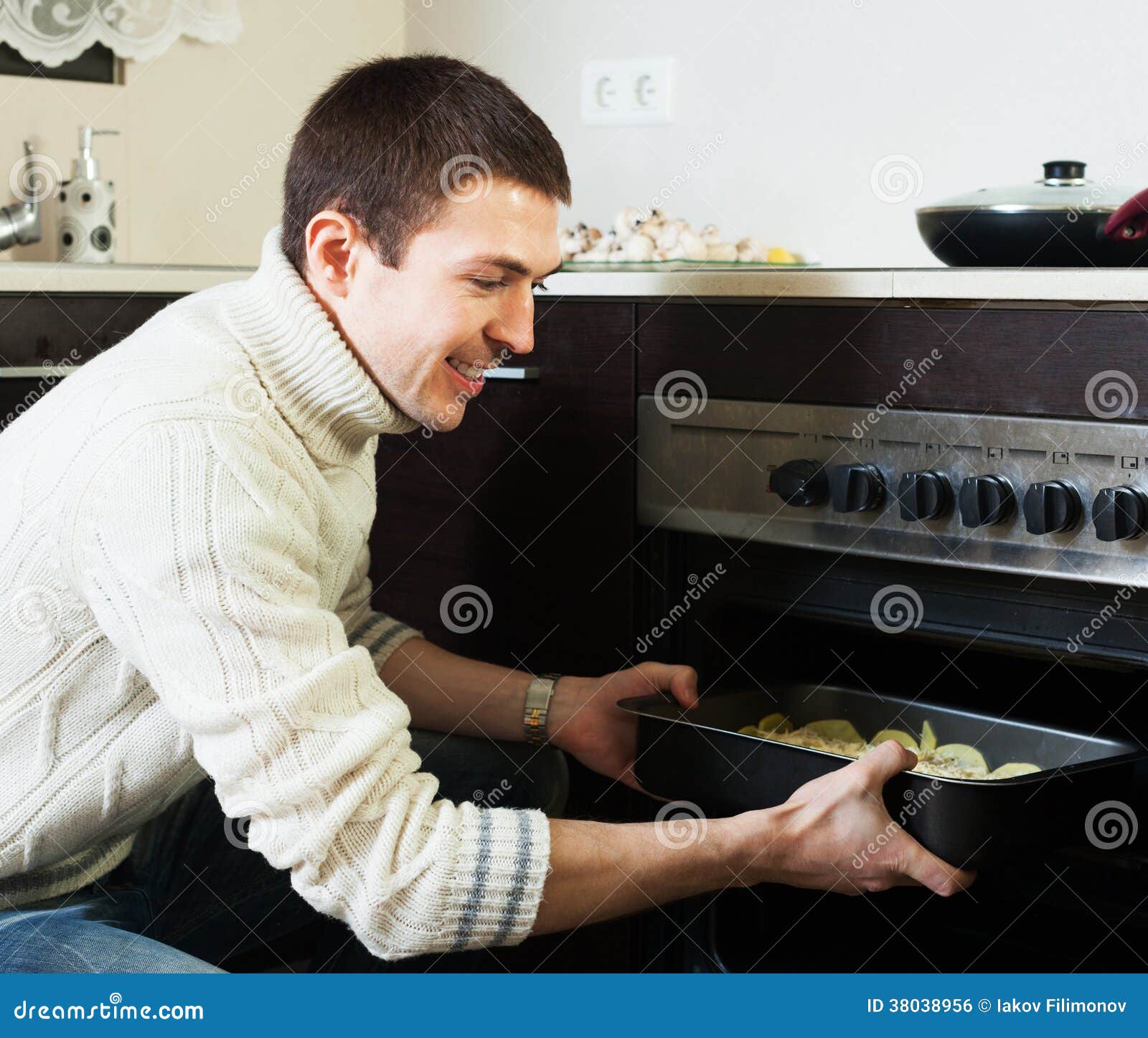 Guy Roasting Meat in the Oven Stock Photo - Image of preparation, home ...