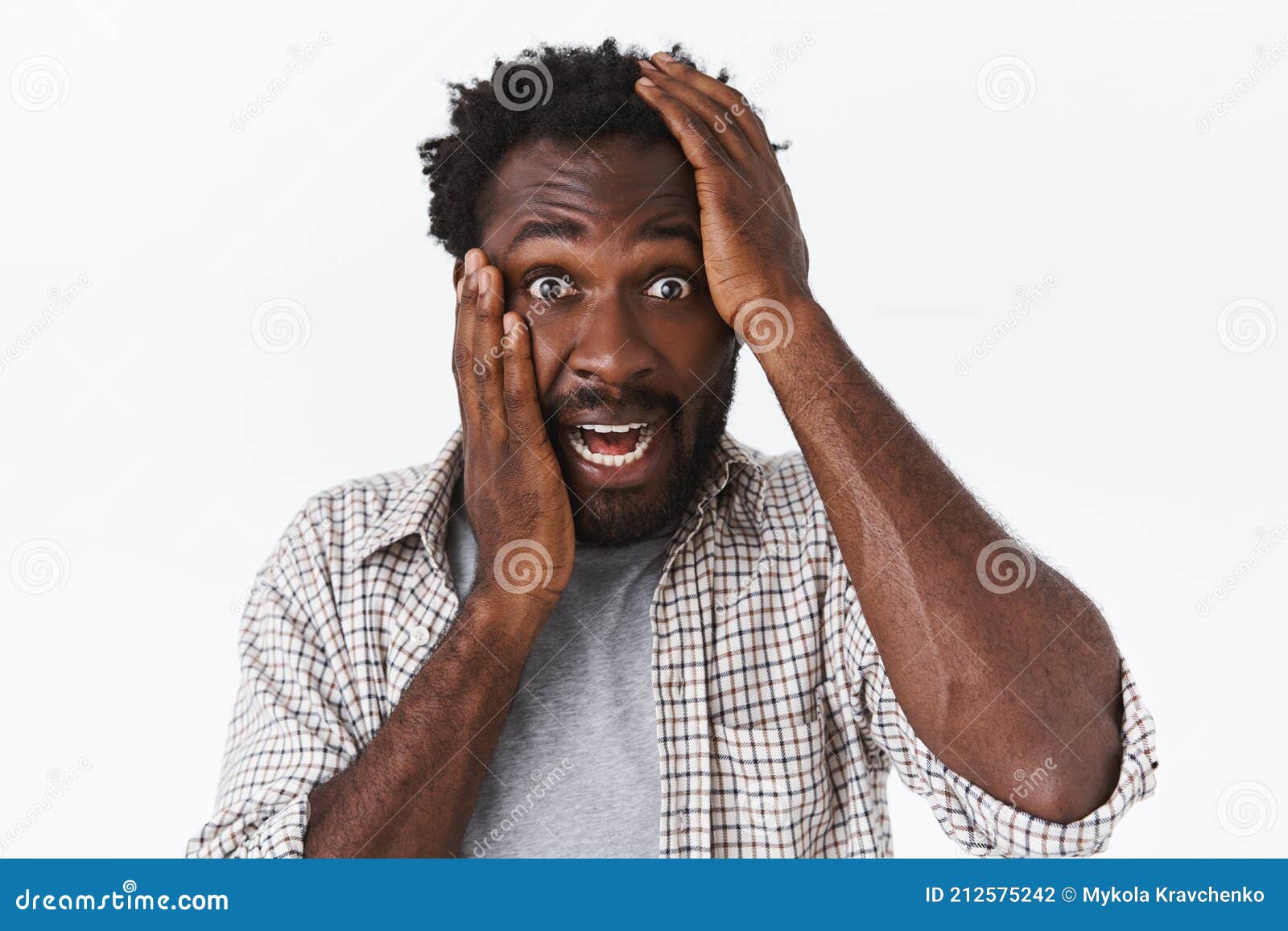 Guy Scared, Stare with Panic and Shock, Touching Face Cant Recognize ...