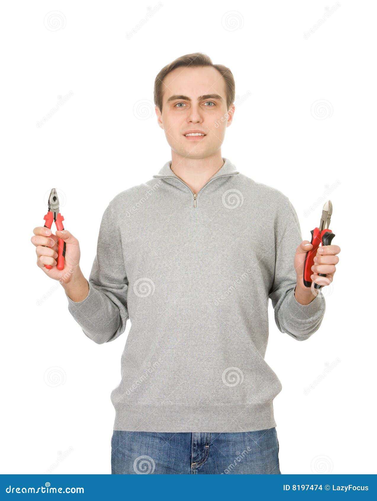 Guy with a Set of Pliers. Isolated on White Stock Photo - Image of ...