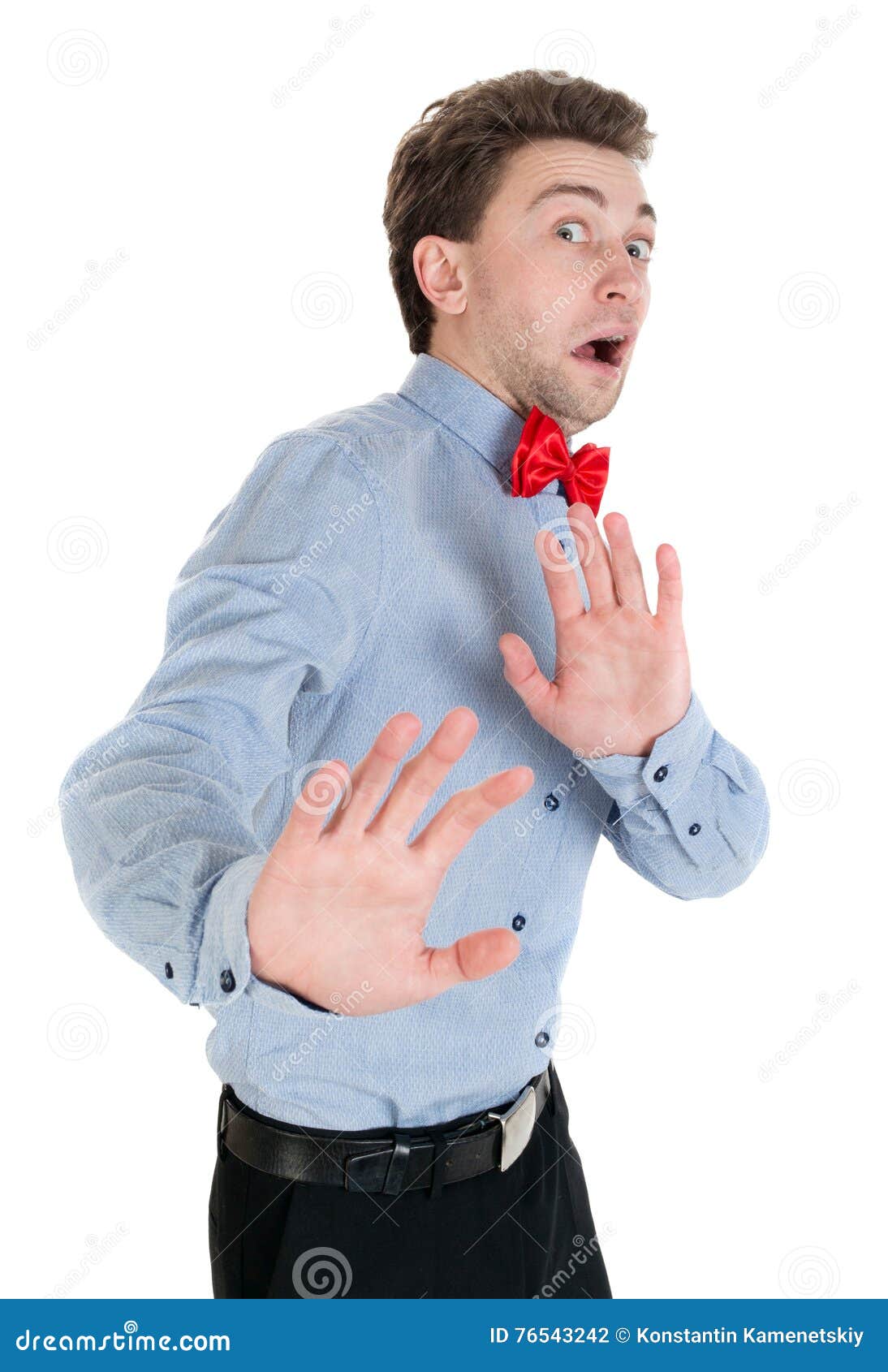 Guy in a Shirt and Bow Tie Locked Arms Experiencing Negative Emo Stock ...
