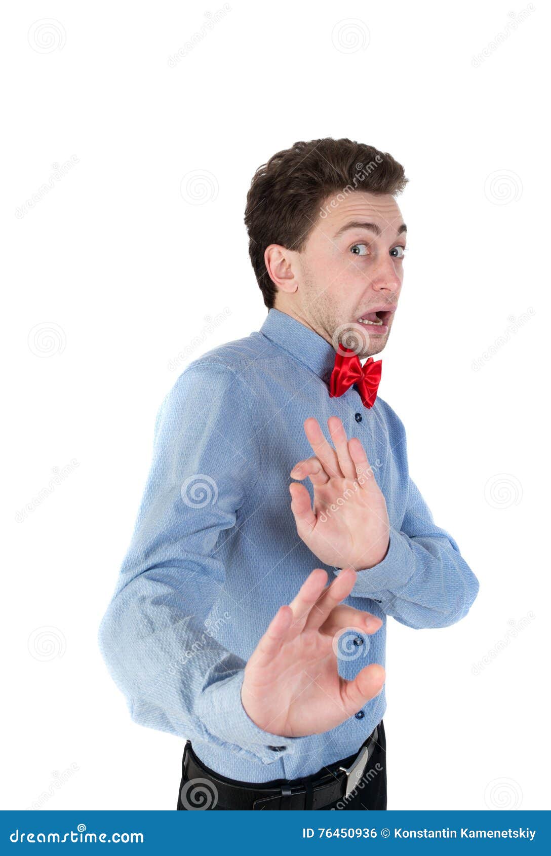 Guy in a Shirt and Bow Tie Locked Arms Experiencing Negative Emo Stock ...
