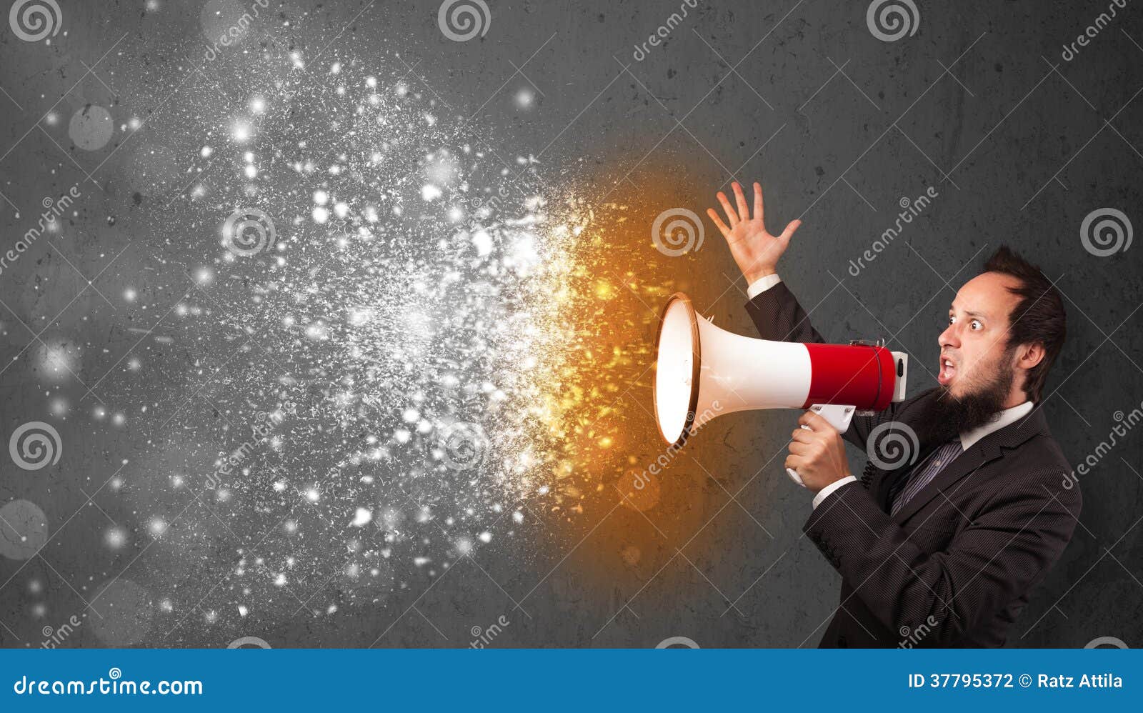 Guy Shouting into Megaphone and Glowing Energy Particles Explode Stock ...