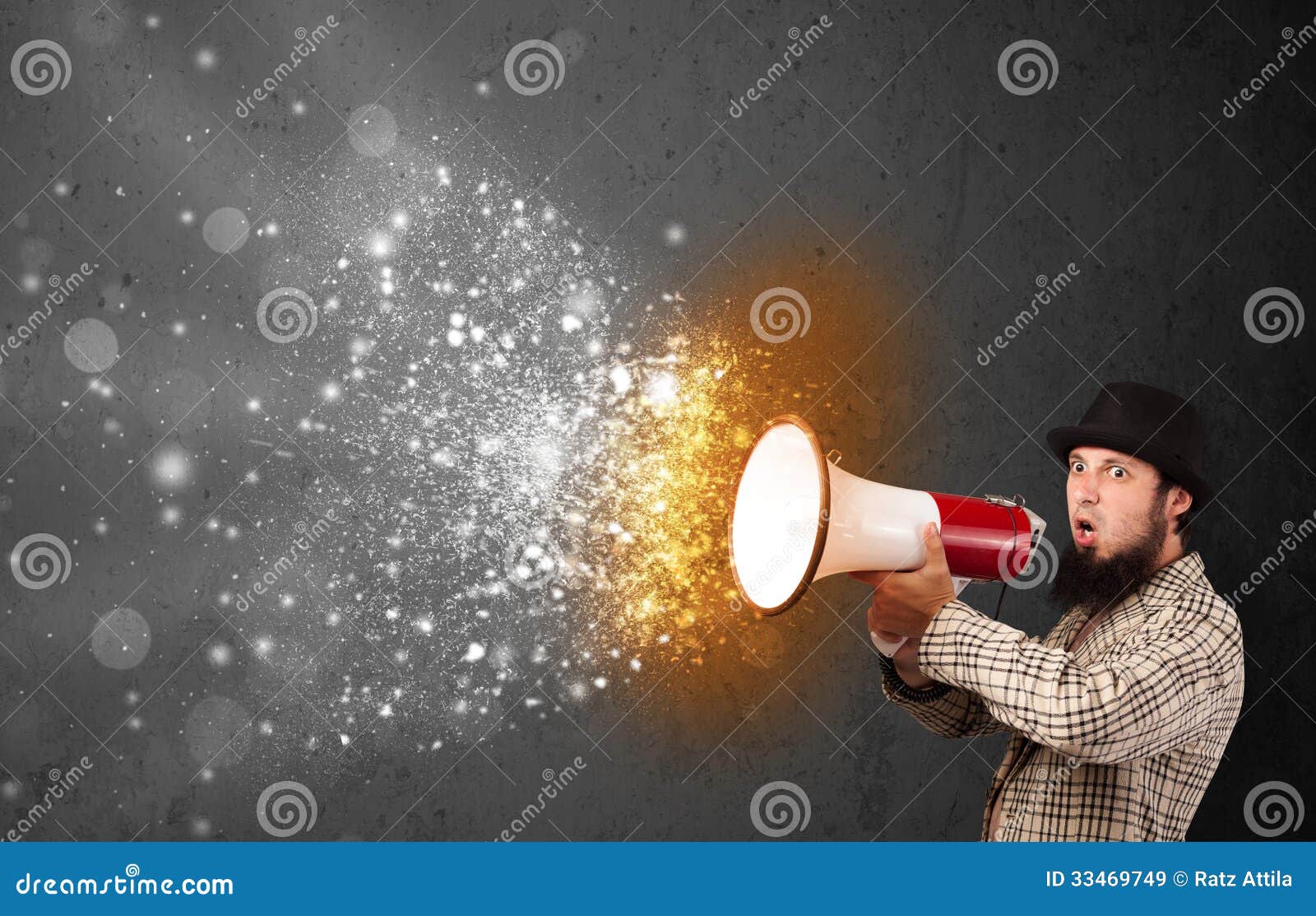 Guy Shouting into Megaphone and Glowing Energy Particles Explode Stock ...