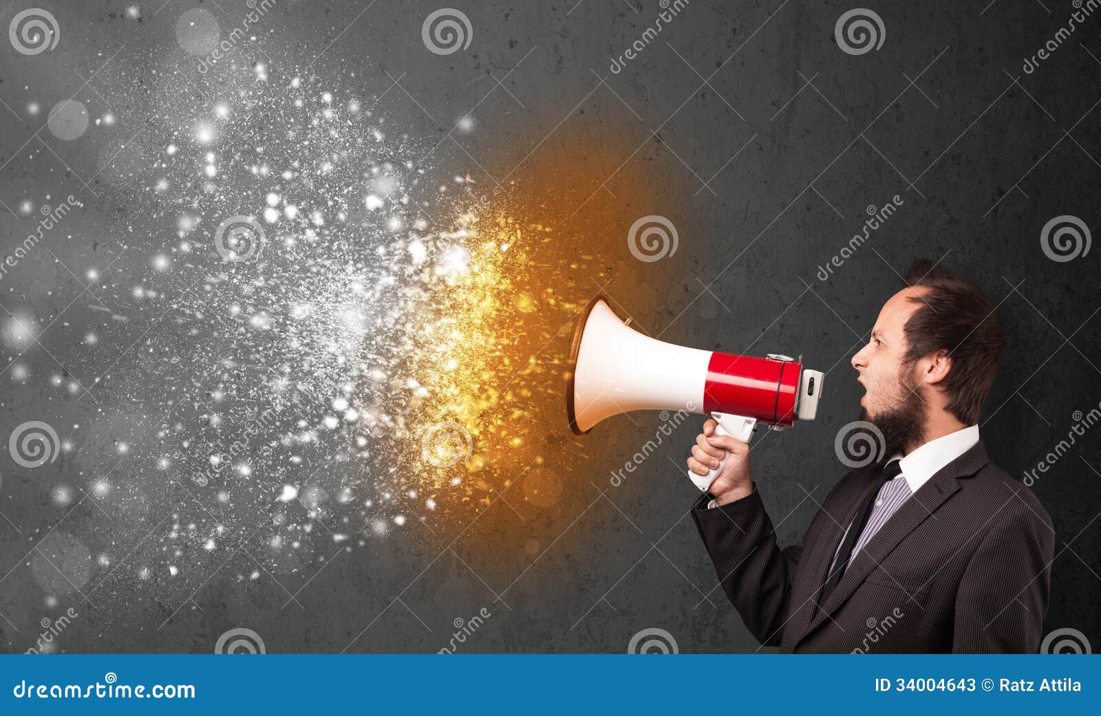Guy Shouting into Megaphone and Glowing Energy Particles Explode Stock ...