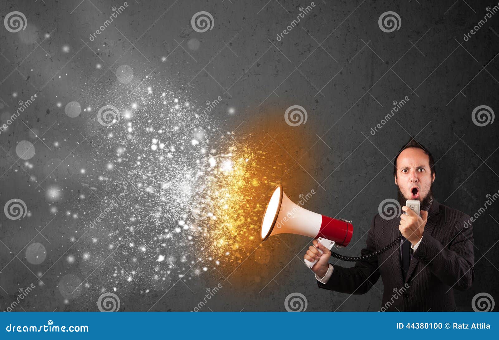Guy Shouting into Megaphone and Glowing Energy Particles Explode Stock ...
