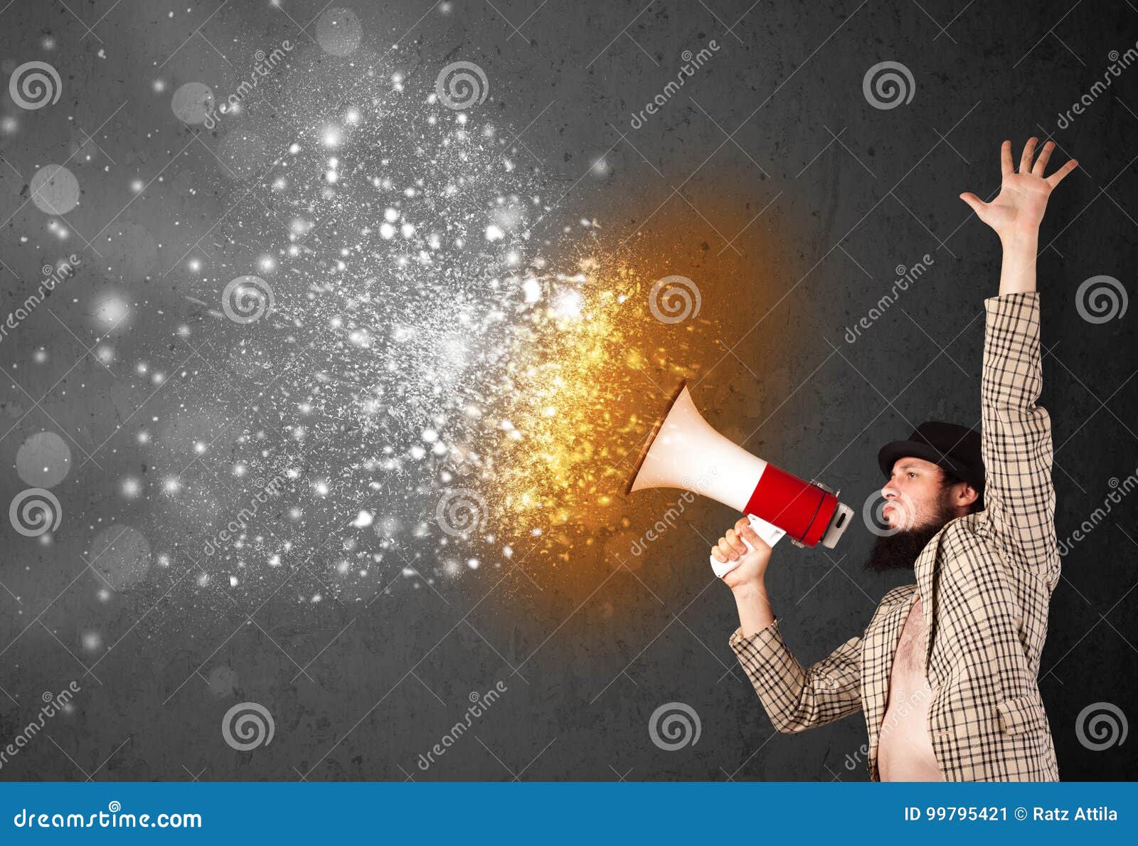 Guy Shouting into Megaphone and Glowing Energy Particles Explode Stock ...
