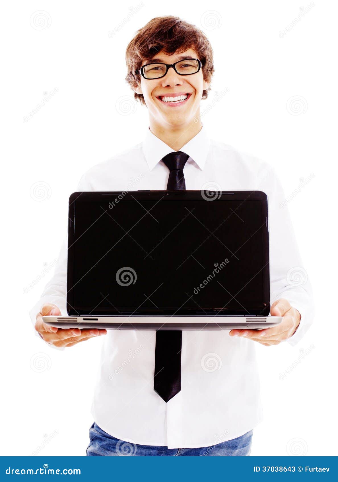 Guy showing opened laptop stock image. Image of person - 37038643