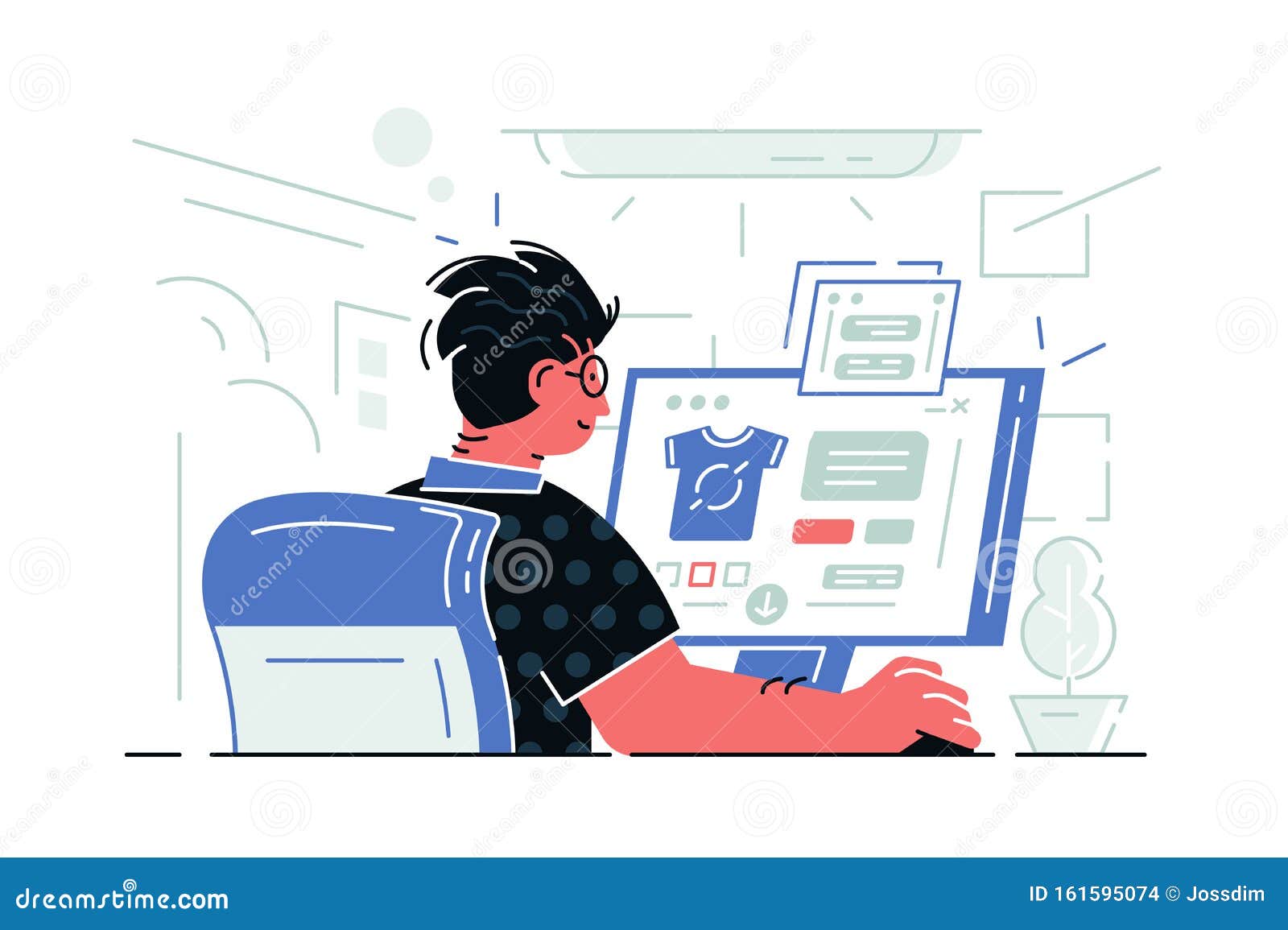 Guy sitting at computer stock vector. Illustration of computer - 161595074