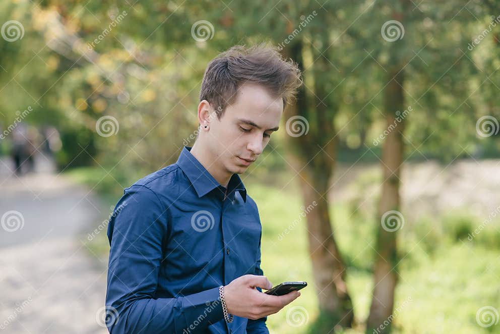 Guy in spring day stock photo. Image of connection, modern - 72666928