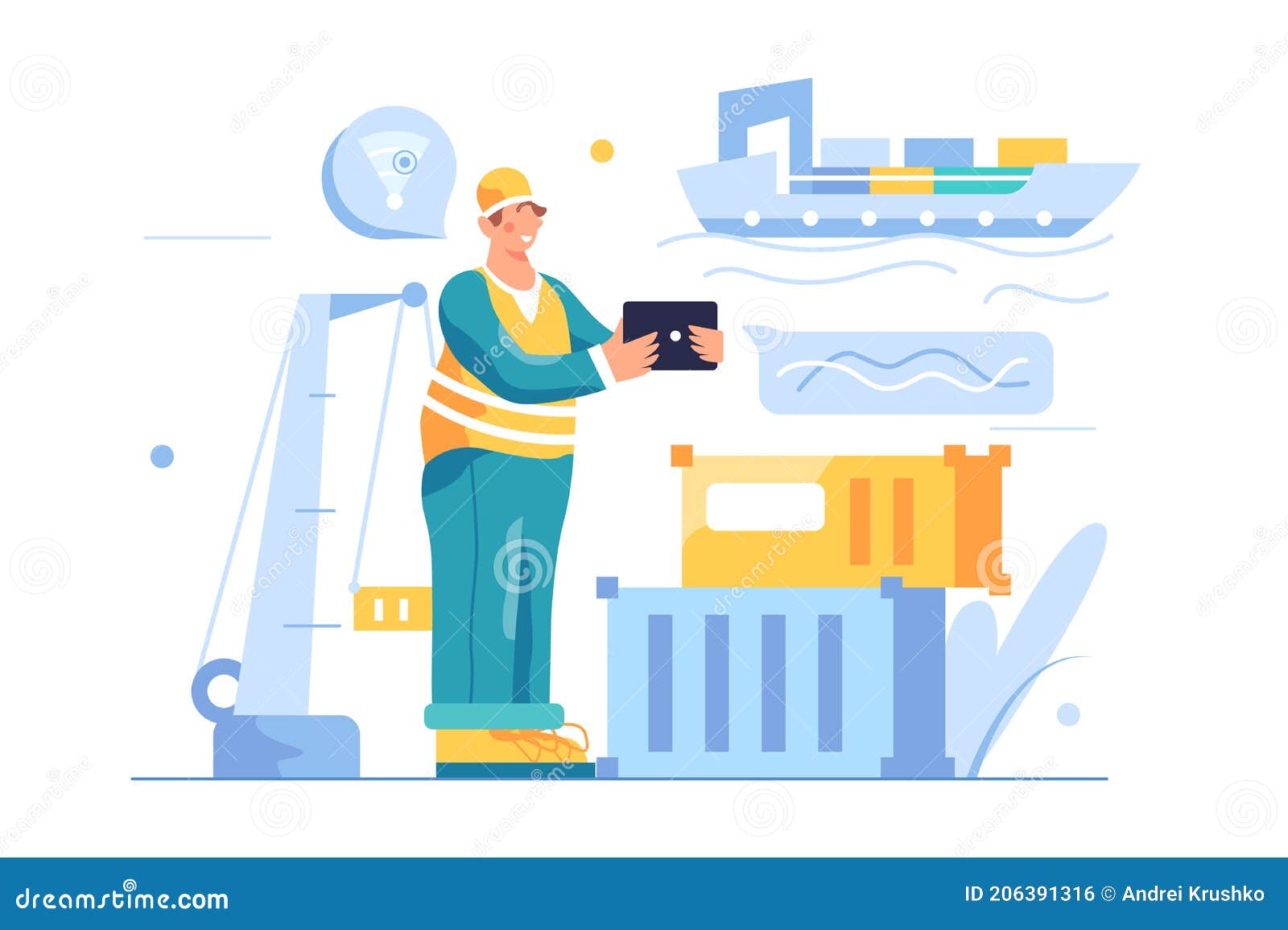 The Guy Stands with a Tablet in His Hands in the Seaport Stock ...