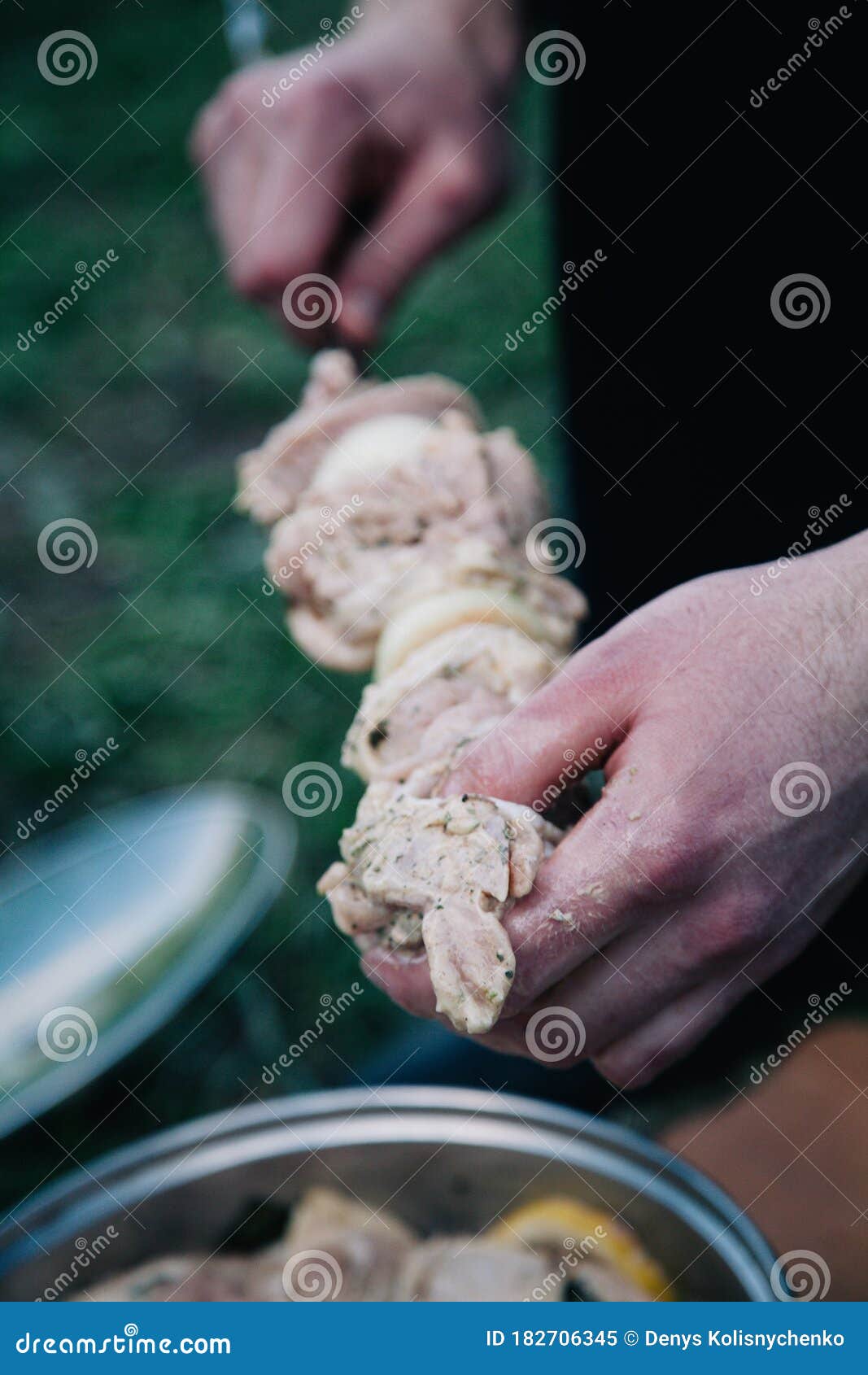 Guy Stringing Fresh Meat on a Skewer Stock Image - Image of cutting ...