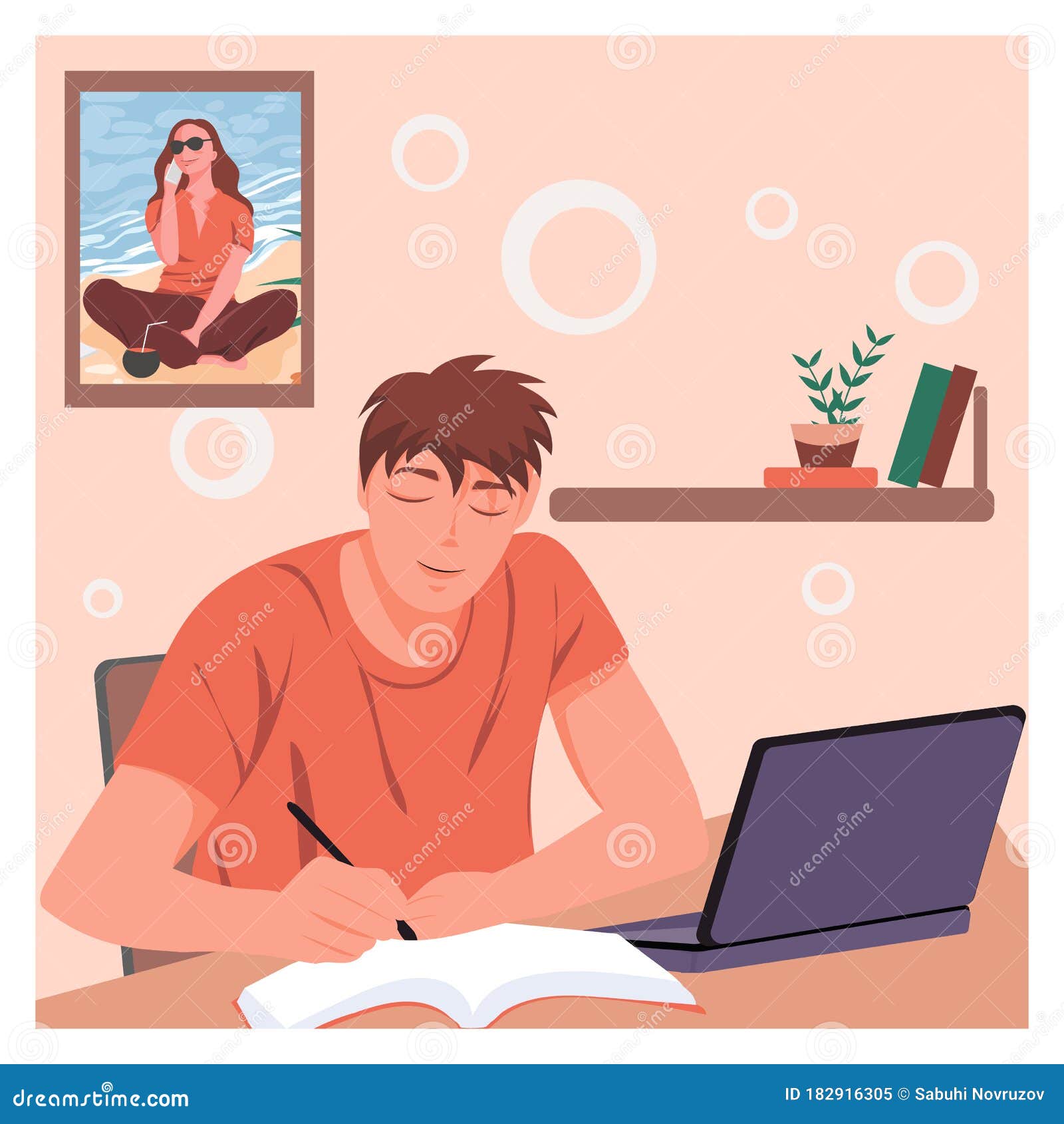 Guy Studying at Home Vector Illustration. Man Sitting at a Desk and ...