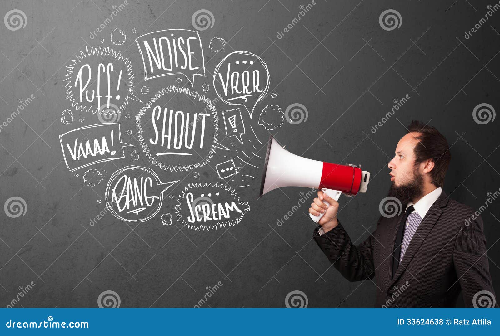 Guy in Suit Yelling into Megaphone and Hand Drawn Speech Bubbles Stock ...