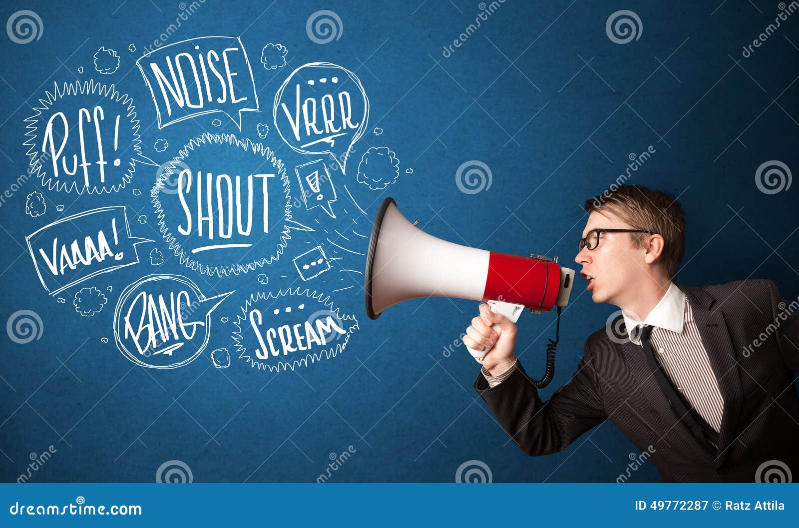 Guy in Suit Yelling into Megaphone and Hand Drawn Speech Bubbles Stock ...