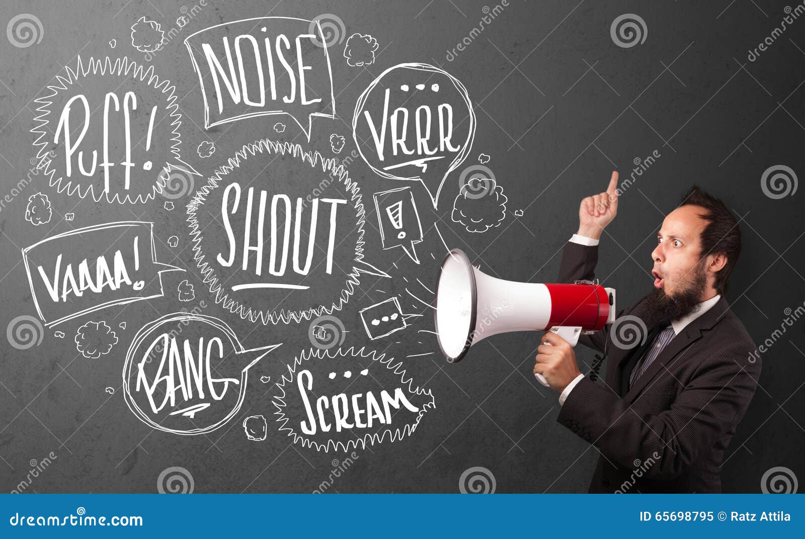 Guy in Suit Yelling into Megaphone and Hand Drawn Speech Bubbles Stock ...