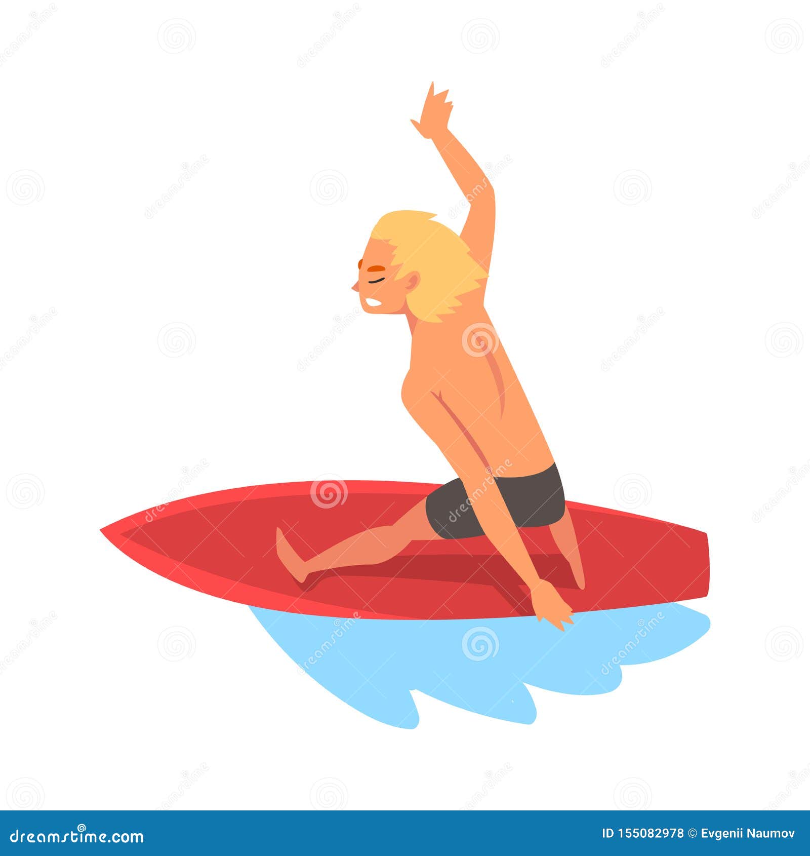Guy Surfer Character Riding On Ocean Wave With Surfboard Summer
