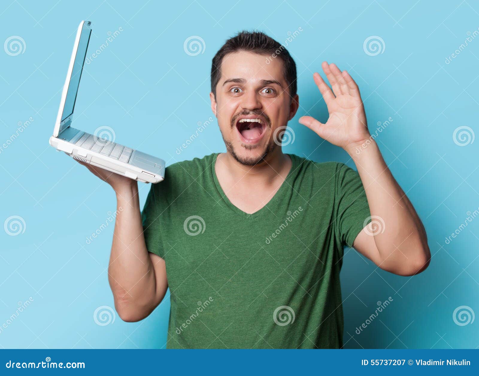 Guy in T-shirt with Laptop Computer Stock Image - Image of cool ...