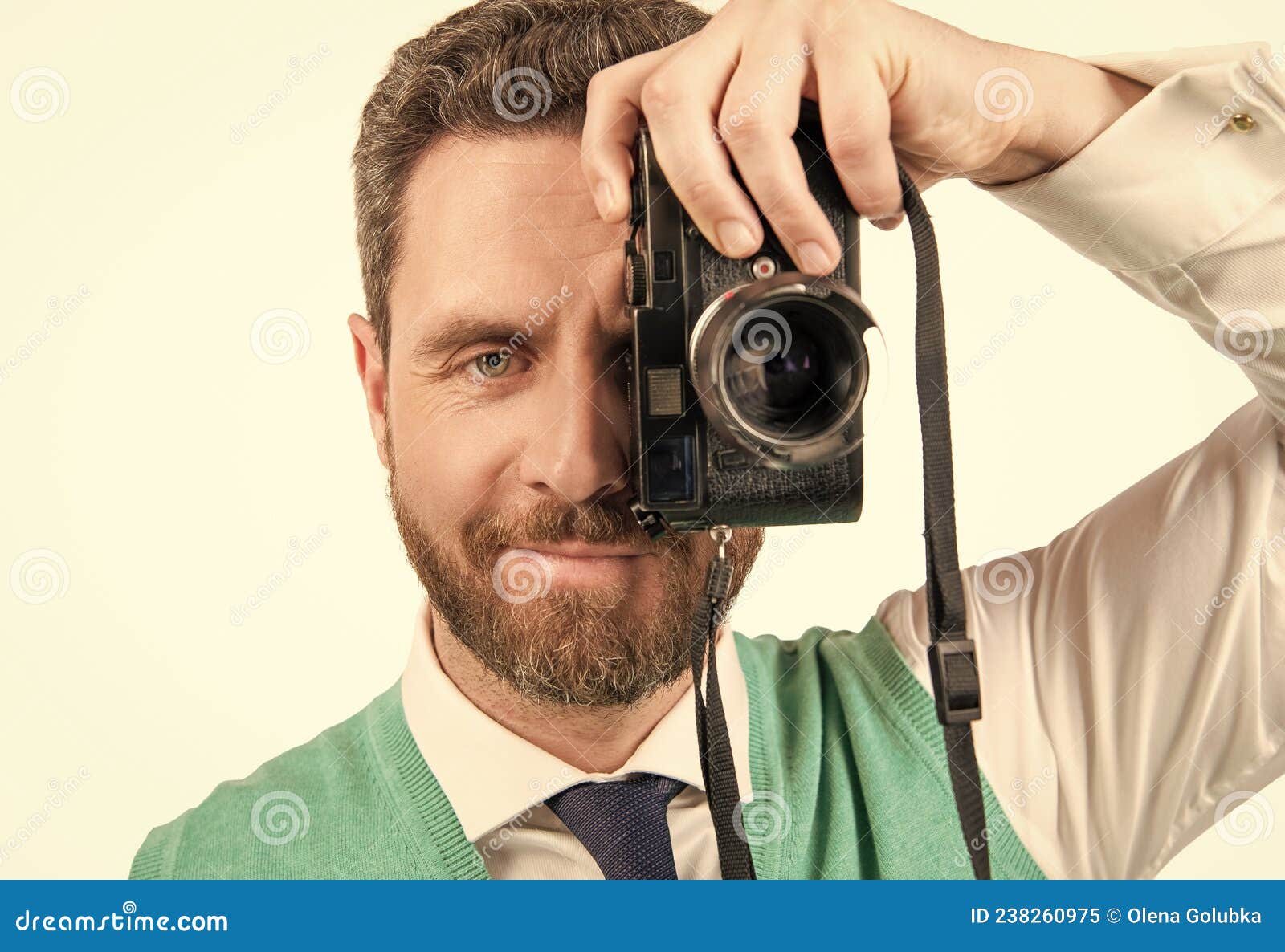 Guy Taking Camera with Retro Camera Isolated on White Backdrop, Copy ...