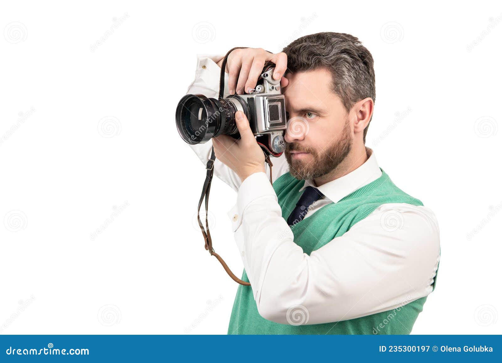 Guy Taking Camera with Retro Camera Isolated on White Backdrop, Copy ...