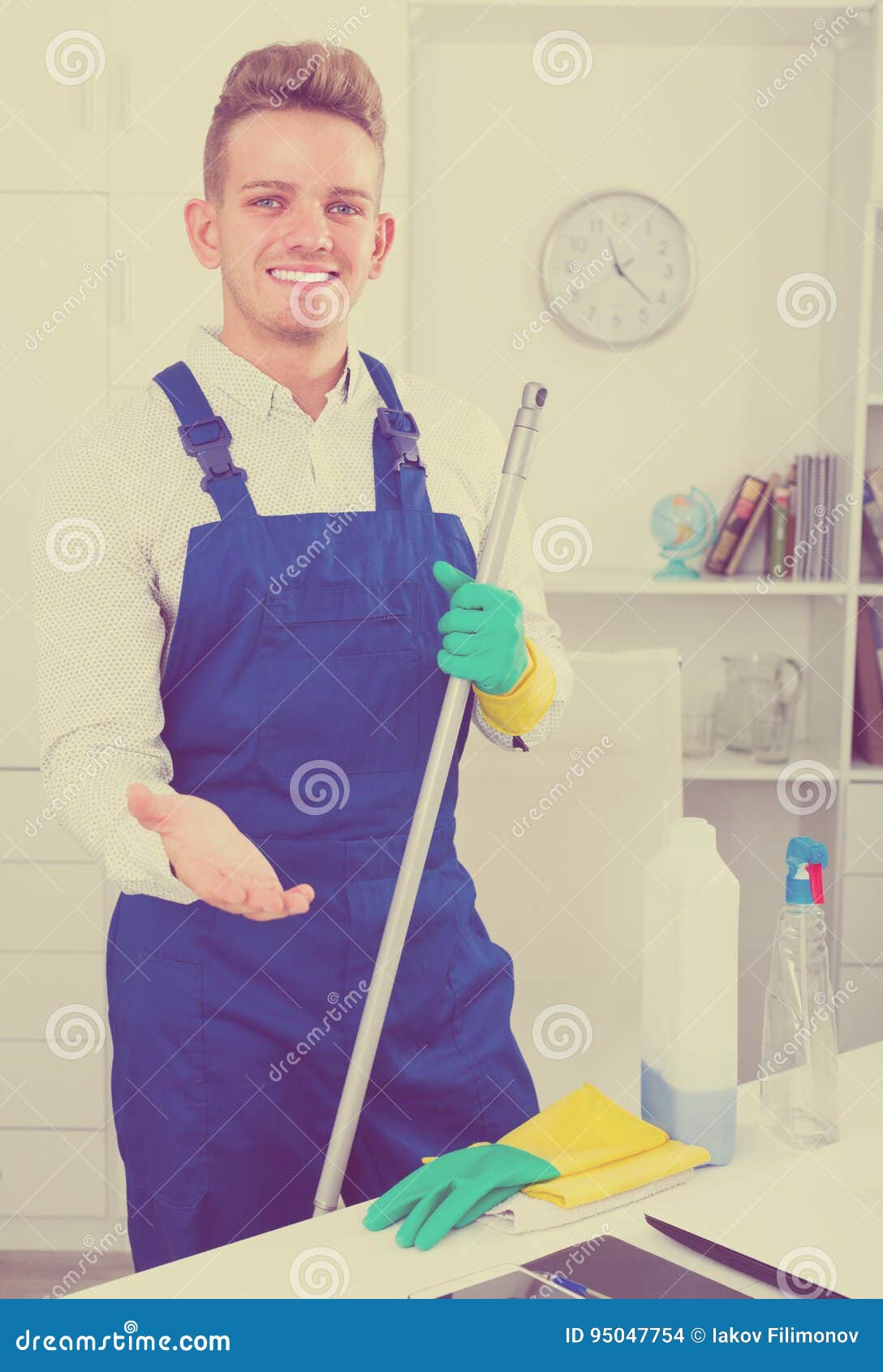 Guy in Uniform Cleaning in Office Stock Photo - Image of supplies ...