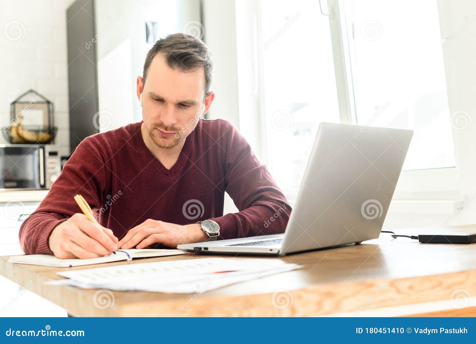 A Guy Uses Laptop for Distance Study Stock Photo - Image of adult ...