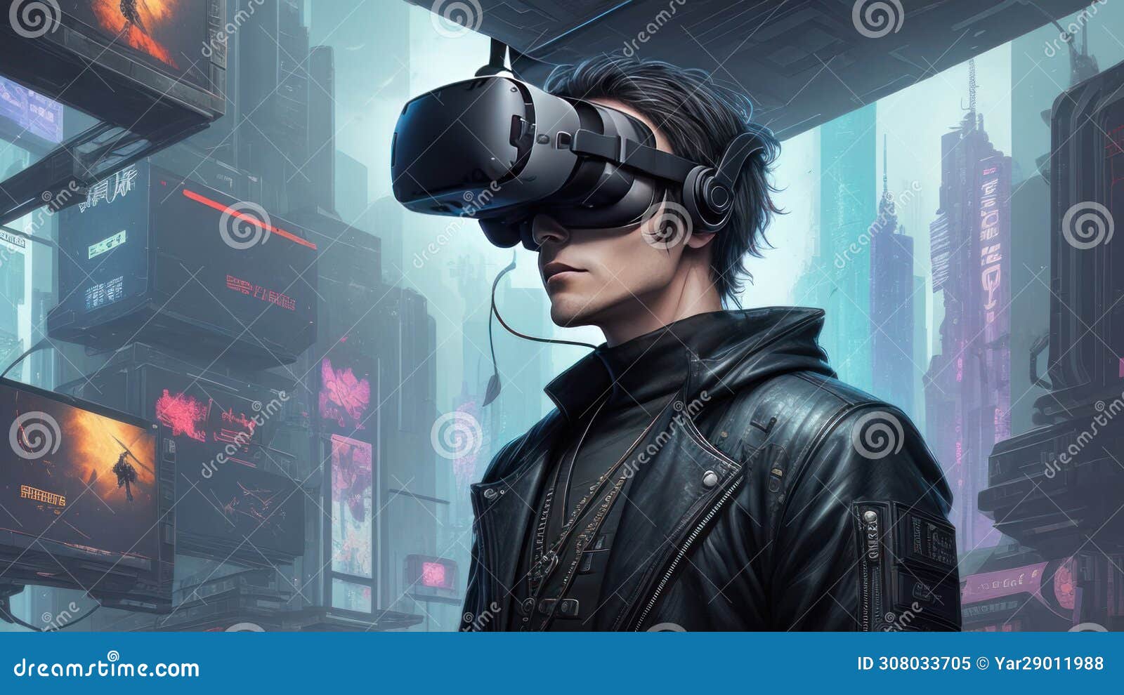 Guy in Virtual Reality Glasses, Horizontal Illustration, Cyberpunk ...
