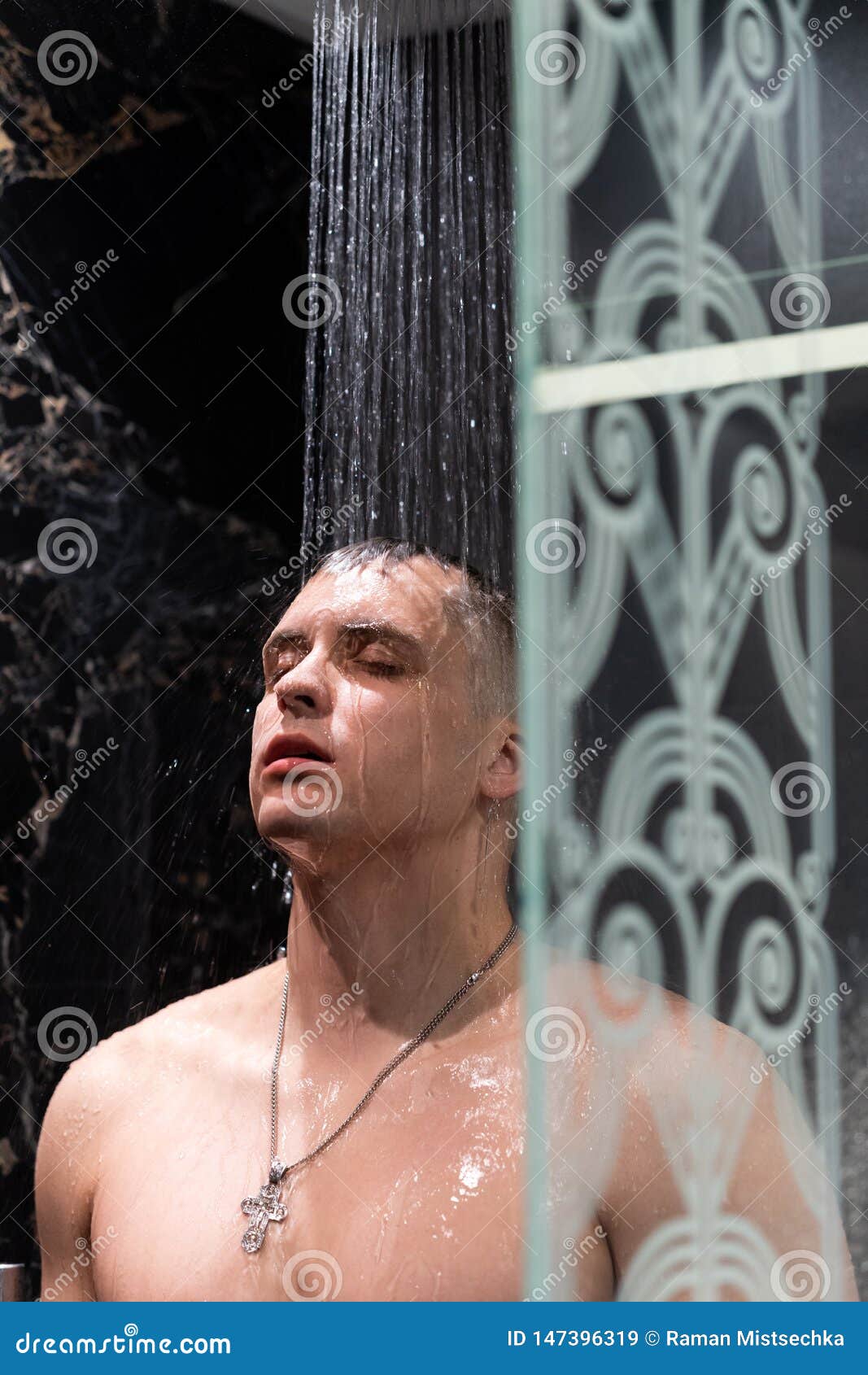 The Guy Washes in the Shower. Shower with Dark Walls Stock Image ...