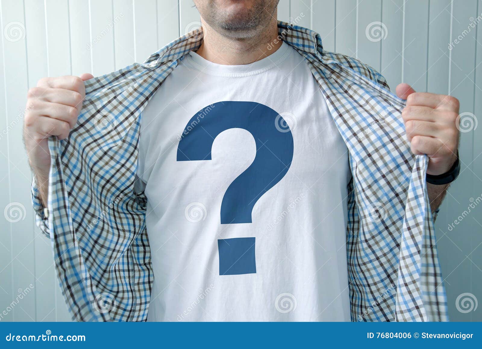 Guy Wearing White T-shirt with Question Mark Stock Photo - Image of ...
